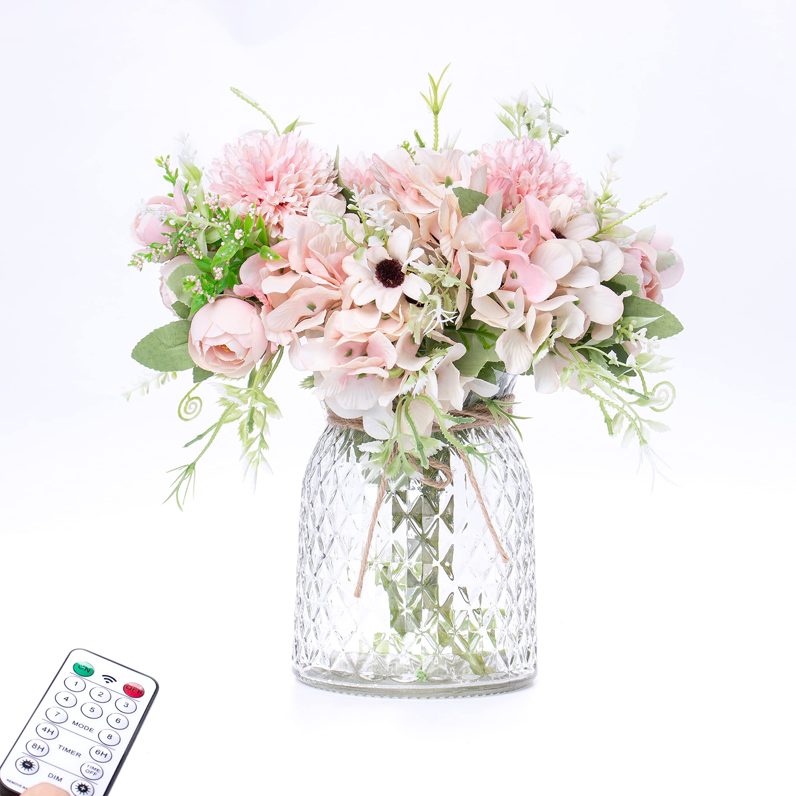 Artificial LED Pink Rose Flowers with Glass Vase, Remote Control Led ...