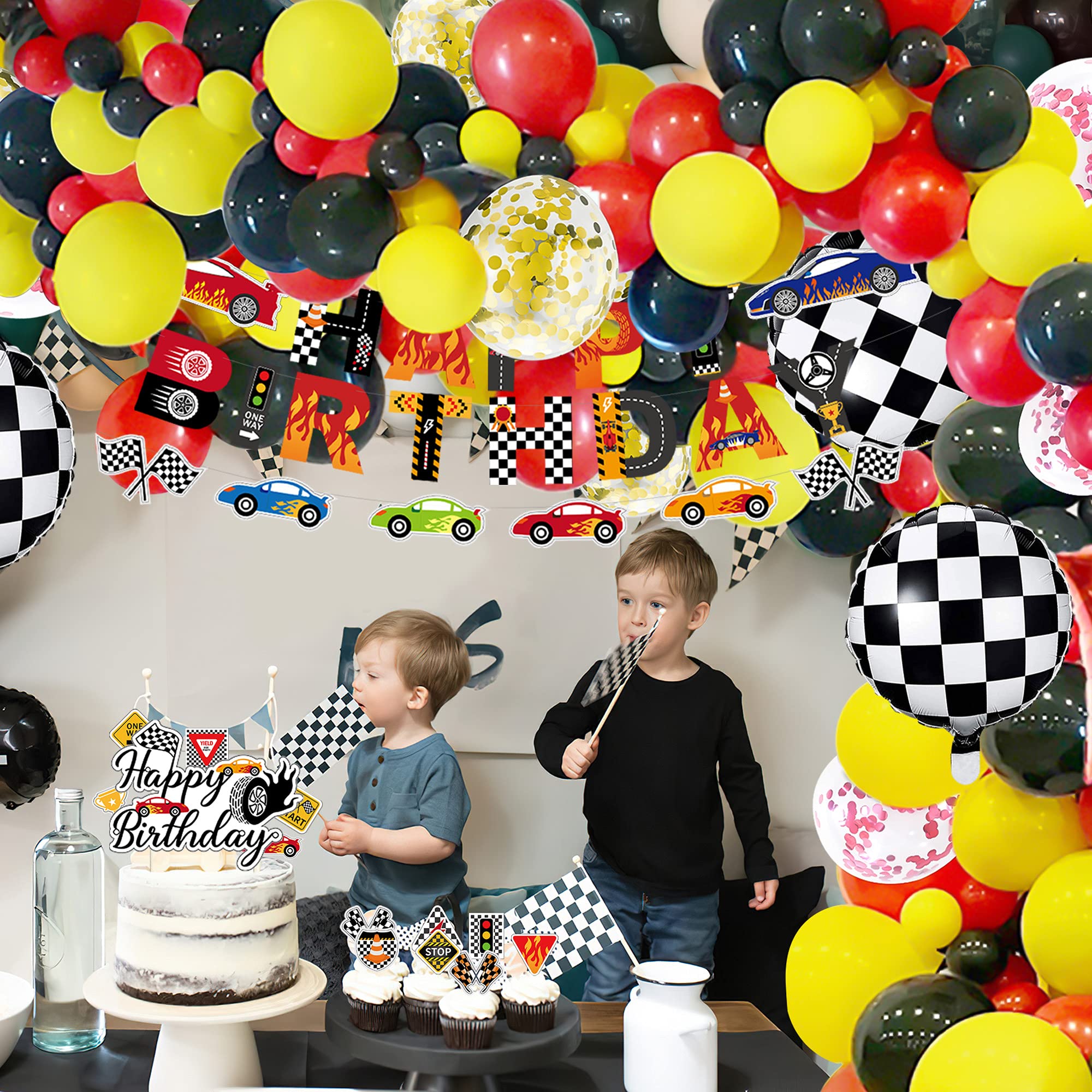 108 Pieces Race Car Party Decorations Set With Happy Birthday Balloon
