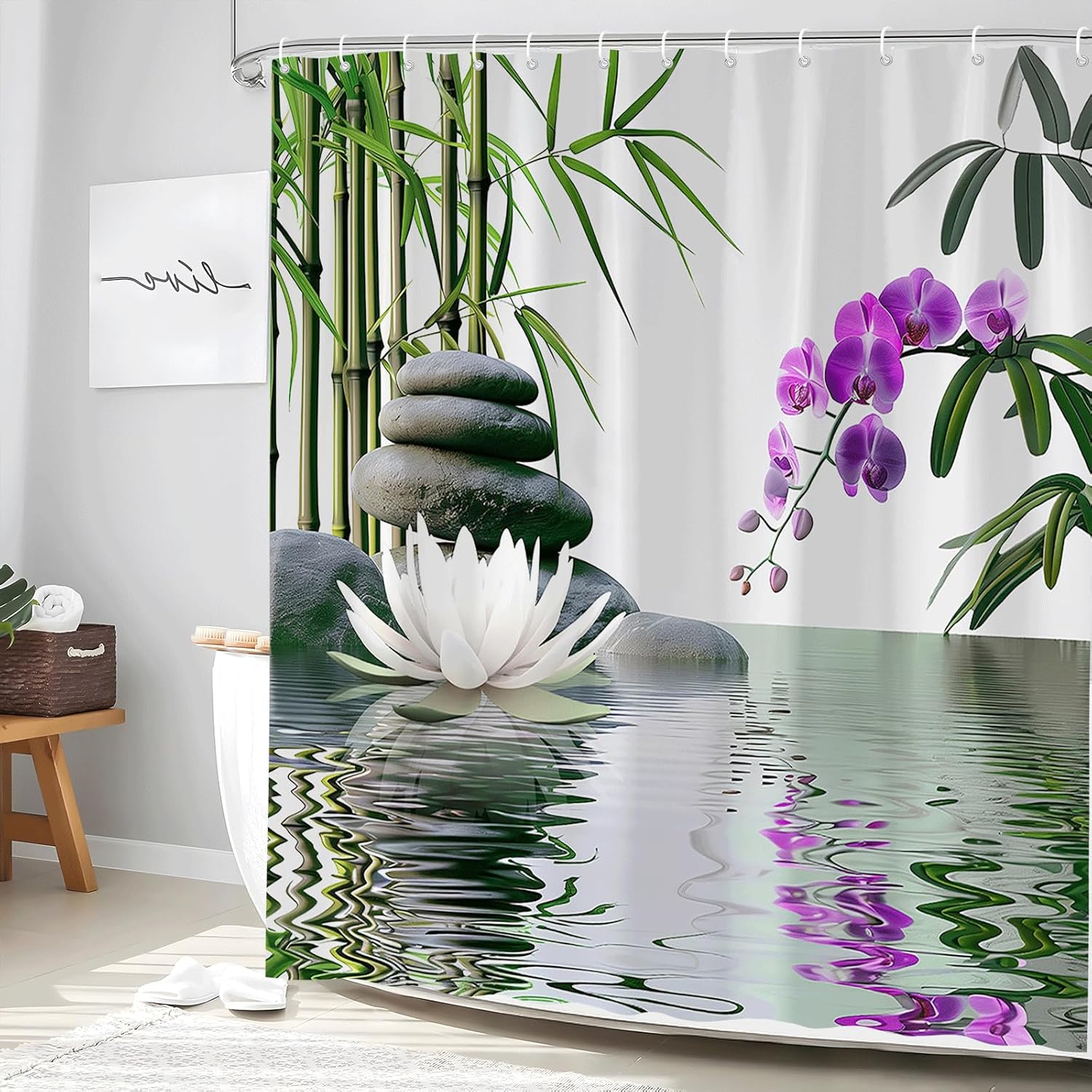 Amazon.com: Zen Shower Curtain Green Leaf Floral Purple Flower Lotus ...