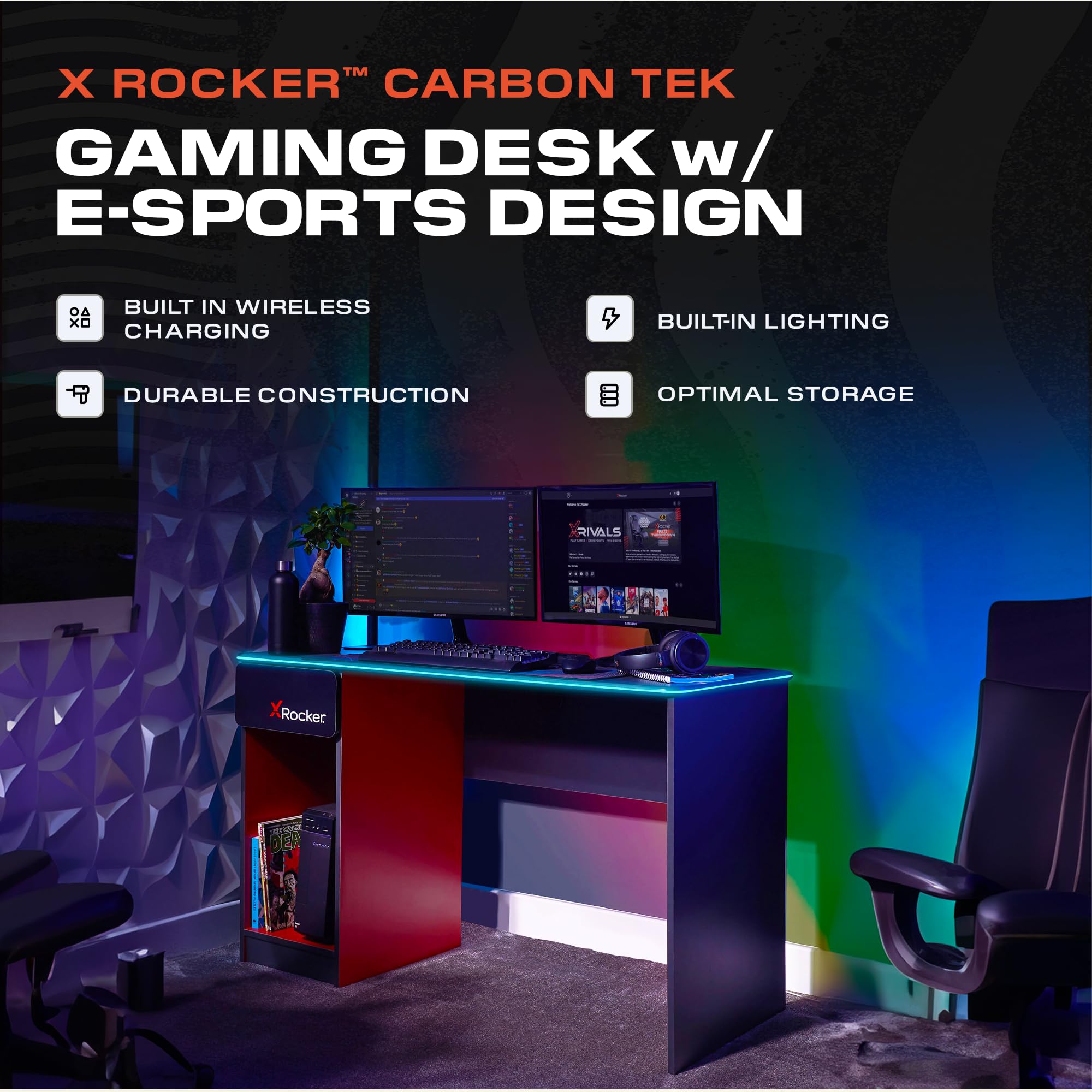 Snapklik.com : X Rocker Tek Gaming Desk LED Wireless Charging Carbon ...