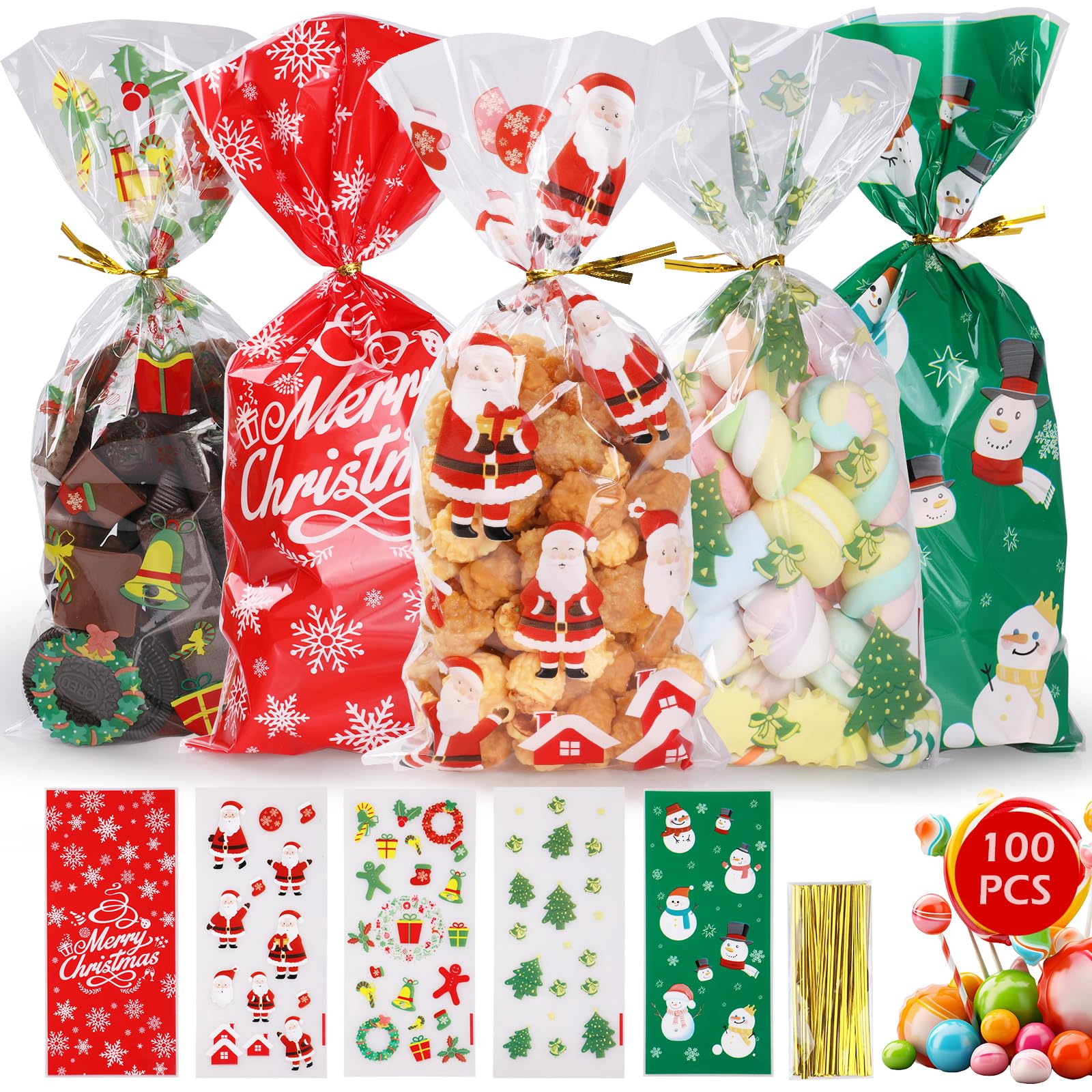 Amazon.com: WD&CD 100 PCS Christmas Treat Candy Bags, Xmas Clear Gift ...