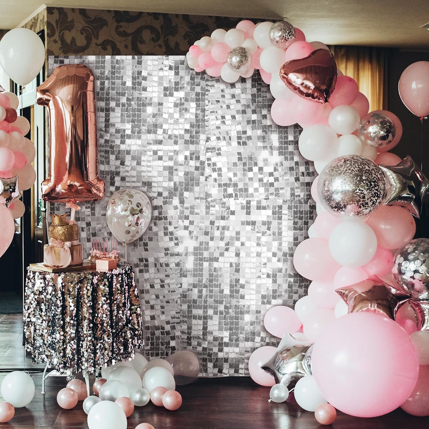 Amazon.com : Ayfjovs 18PCS Silver Disco Backdrop, Silver Streamer ...