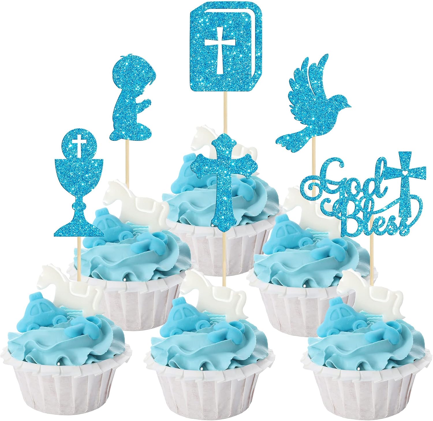 Gyufise 24Pcs Boy God Bless Cupcake Toppers Glitter Dove Chalice Bible ...
