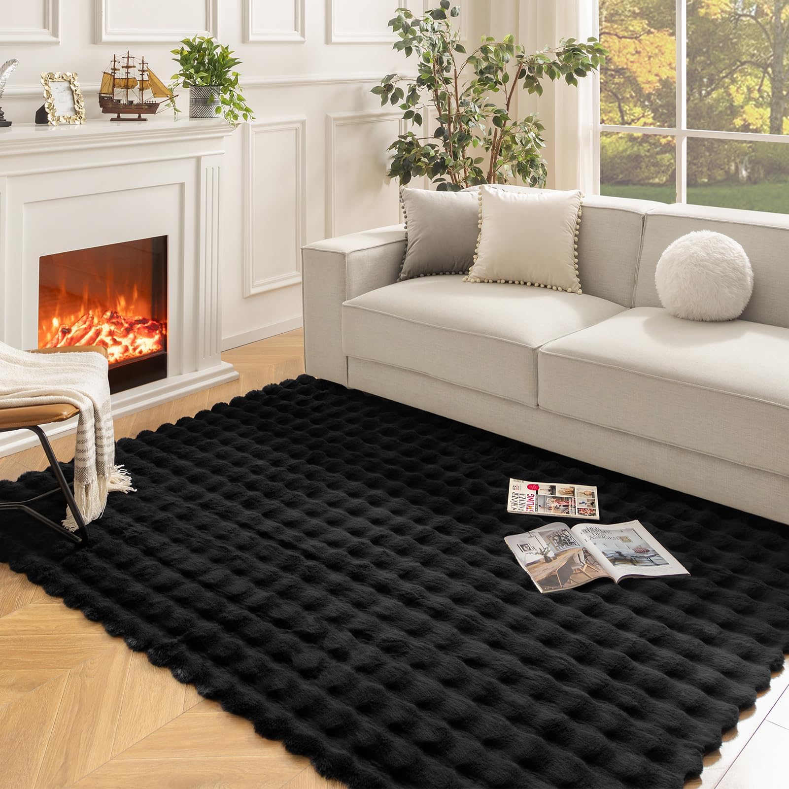 Amazon.com: Ashler Faux Rabbit Fur Rug, Black 5x7 FT Fluffy Soft Area ...
