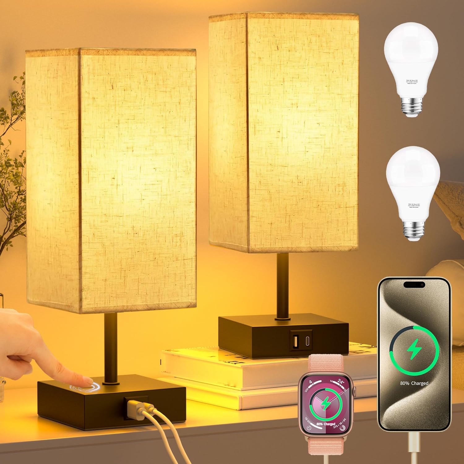 hansang Bedside Lamp, Touch Lamp with 3 Way Dimmable 2700K LED Bulb ...