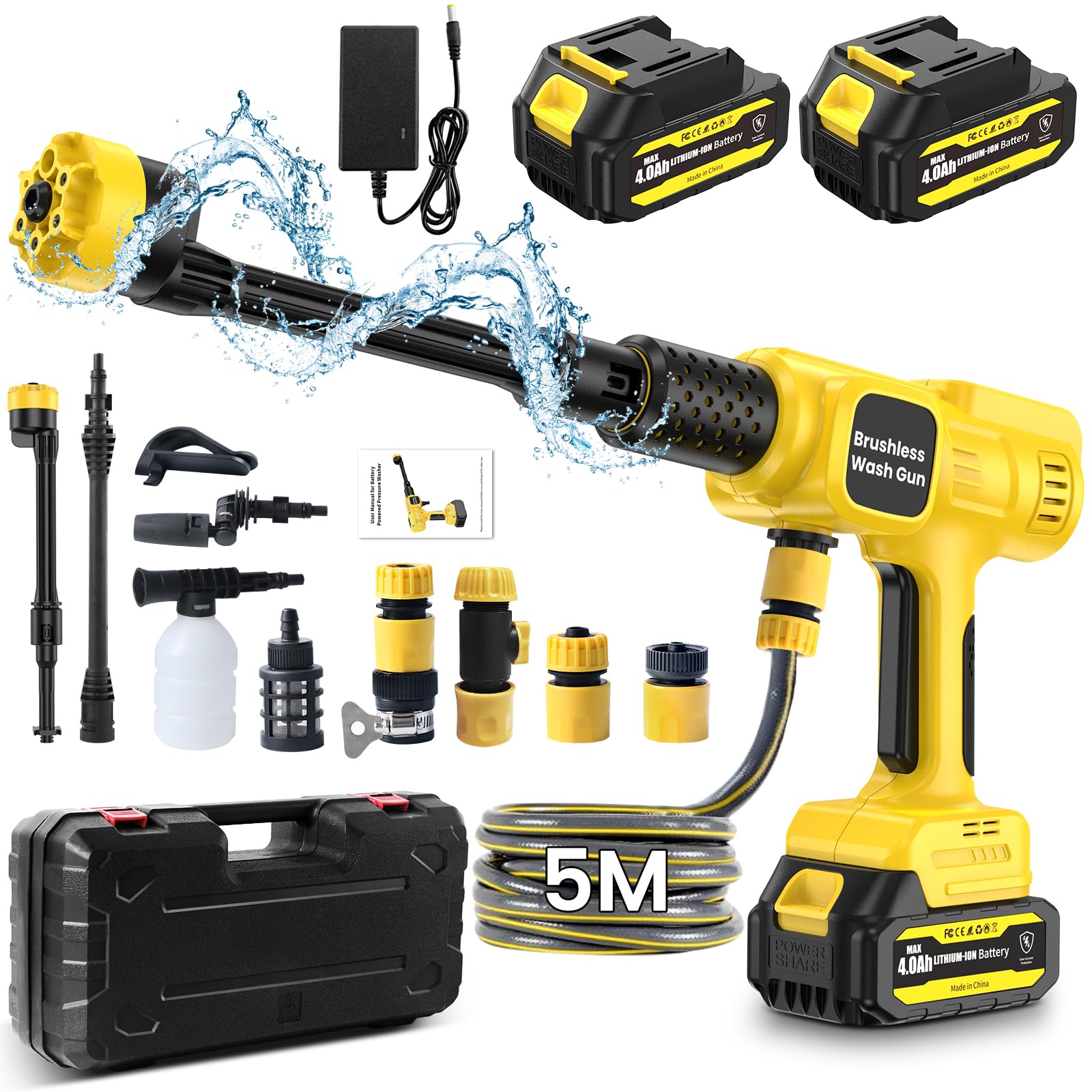 Professional Cordless High Pressure Washer Portable with 2 x 4000mAh ...