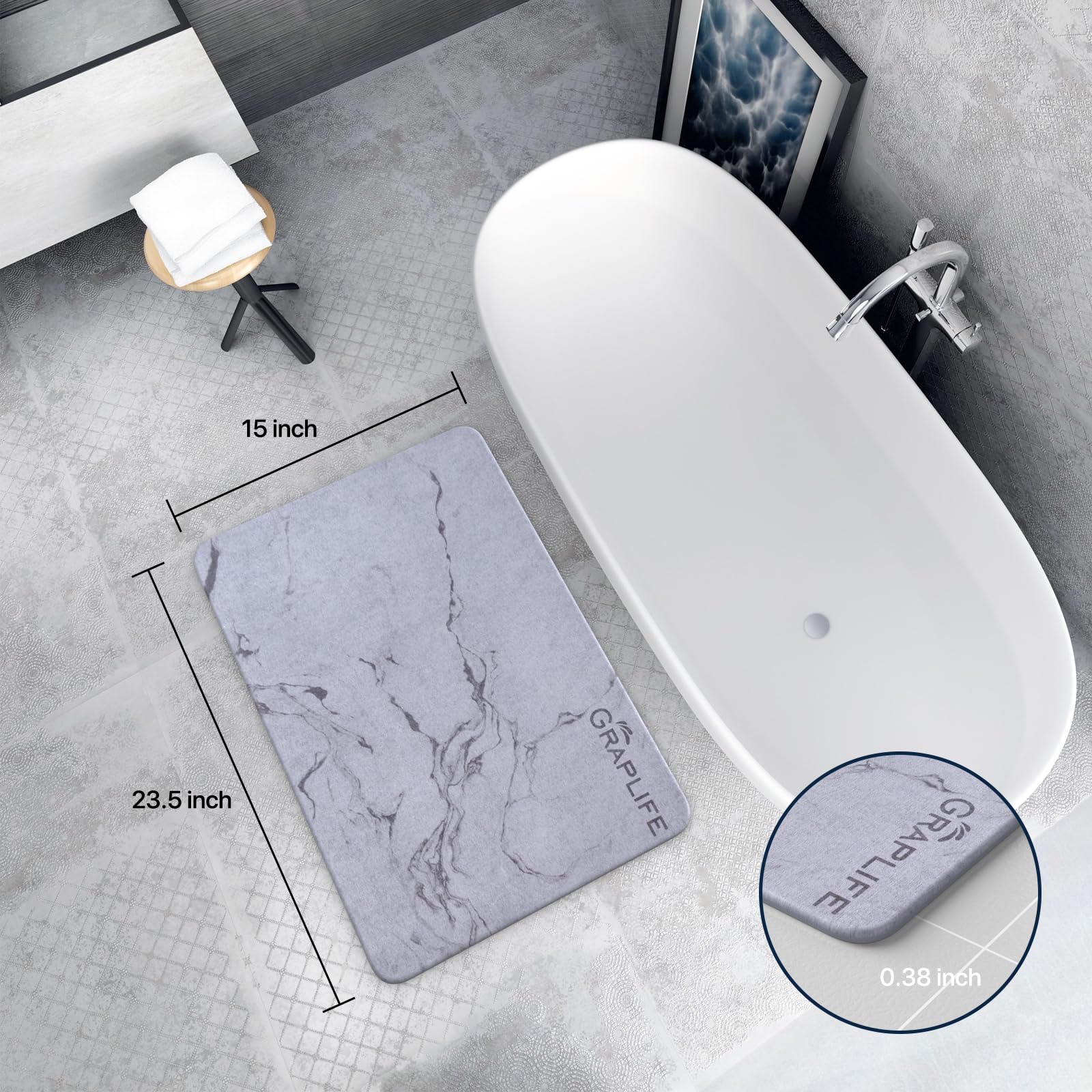 Graplife Stone Bath Mat - Non-Slip Super Absorbent Diatomaceous Earth ...