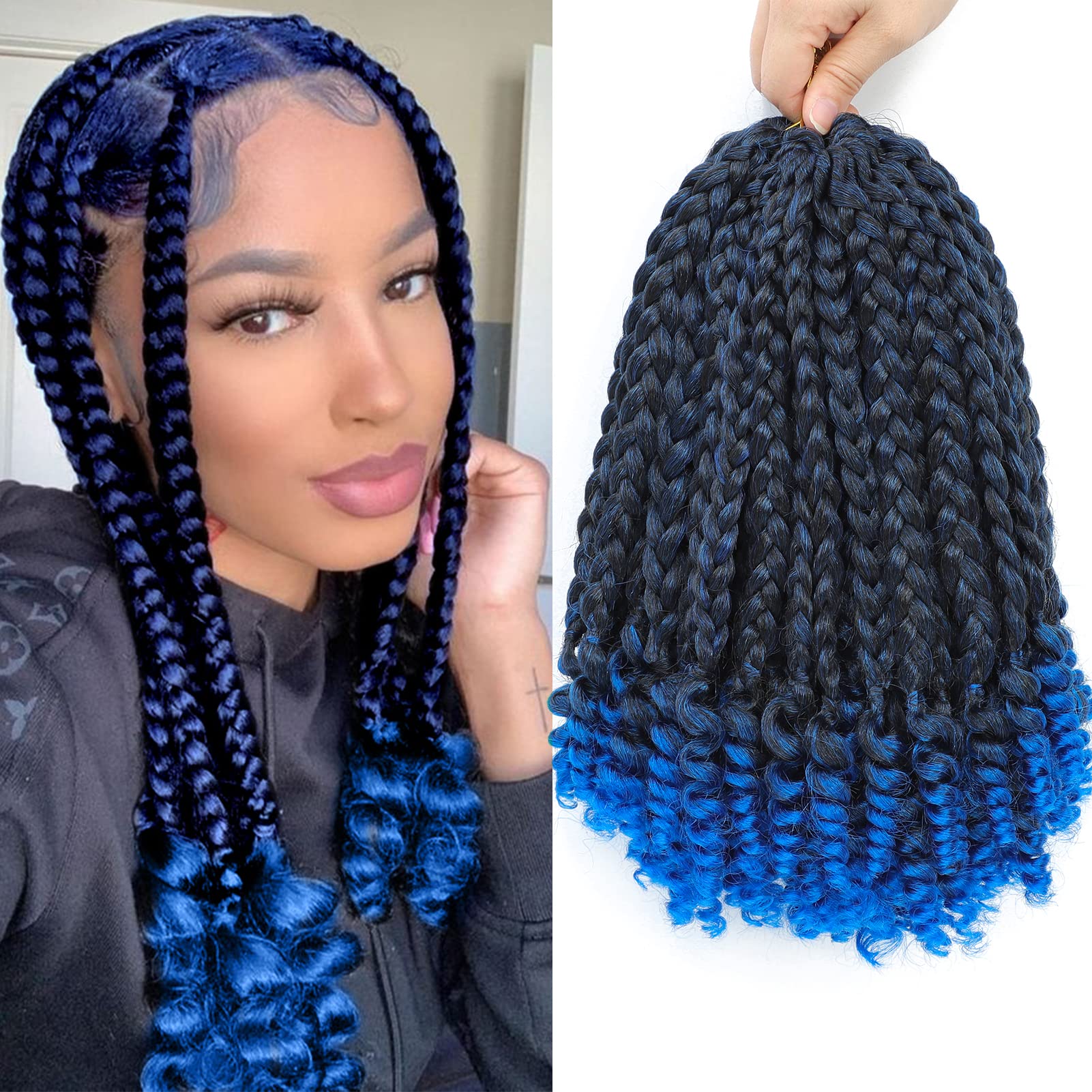 Buy 6 Packs Crochet Box Braids Curly Ends Ombre Blue Hair Extensions 10 ...