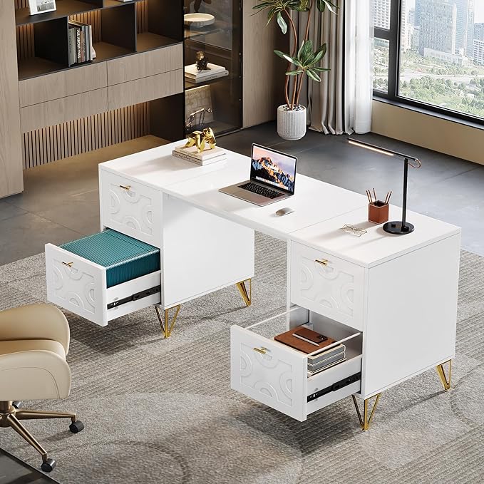 Amazon.com: Tribesigns White and Gold Desk with Drawers, 59'' Modern ...