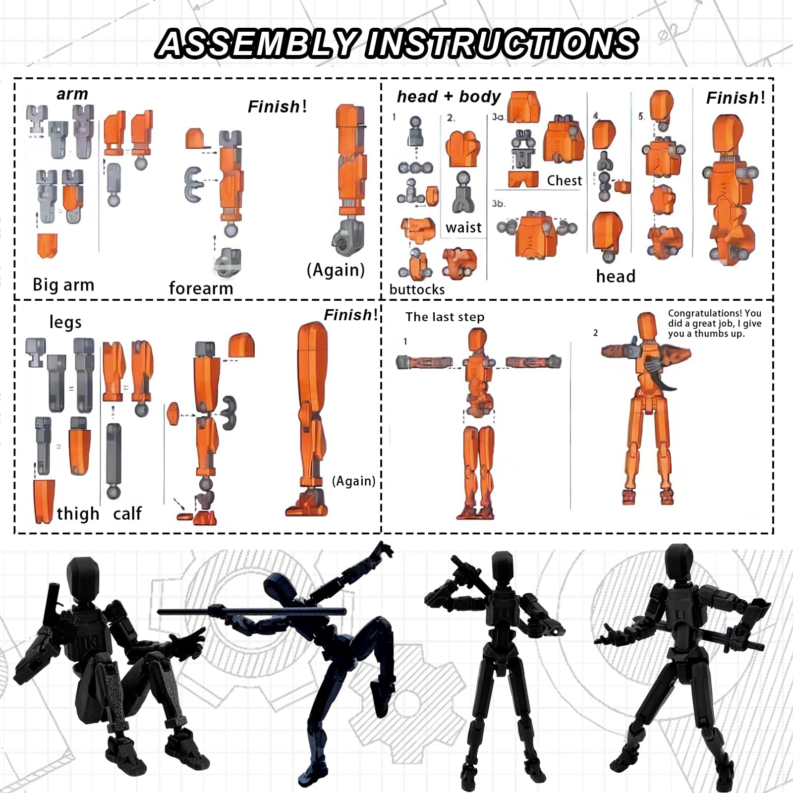 Azxndy 3D Printed Moveable Joints RobotFinger Exercising Toys Assembly ...
