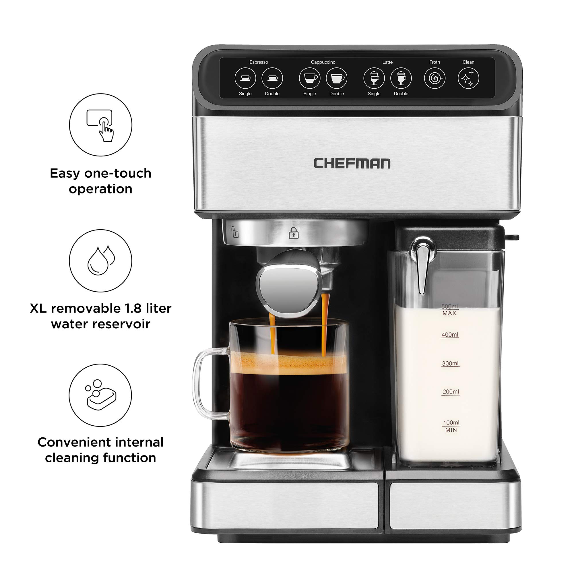 Chefman 6-in-1 Espresso Machine,Powerful 15-Bar Pump,Brew Single or ...