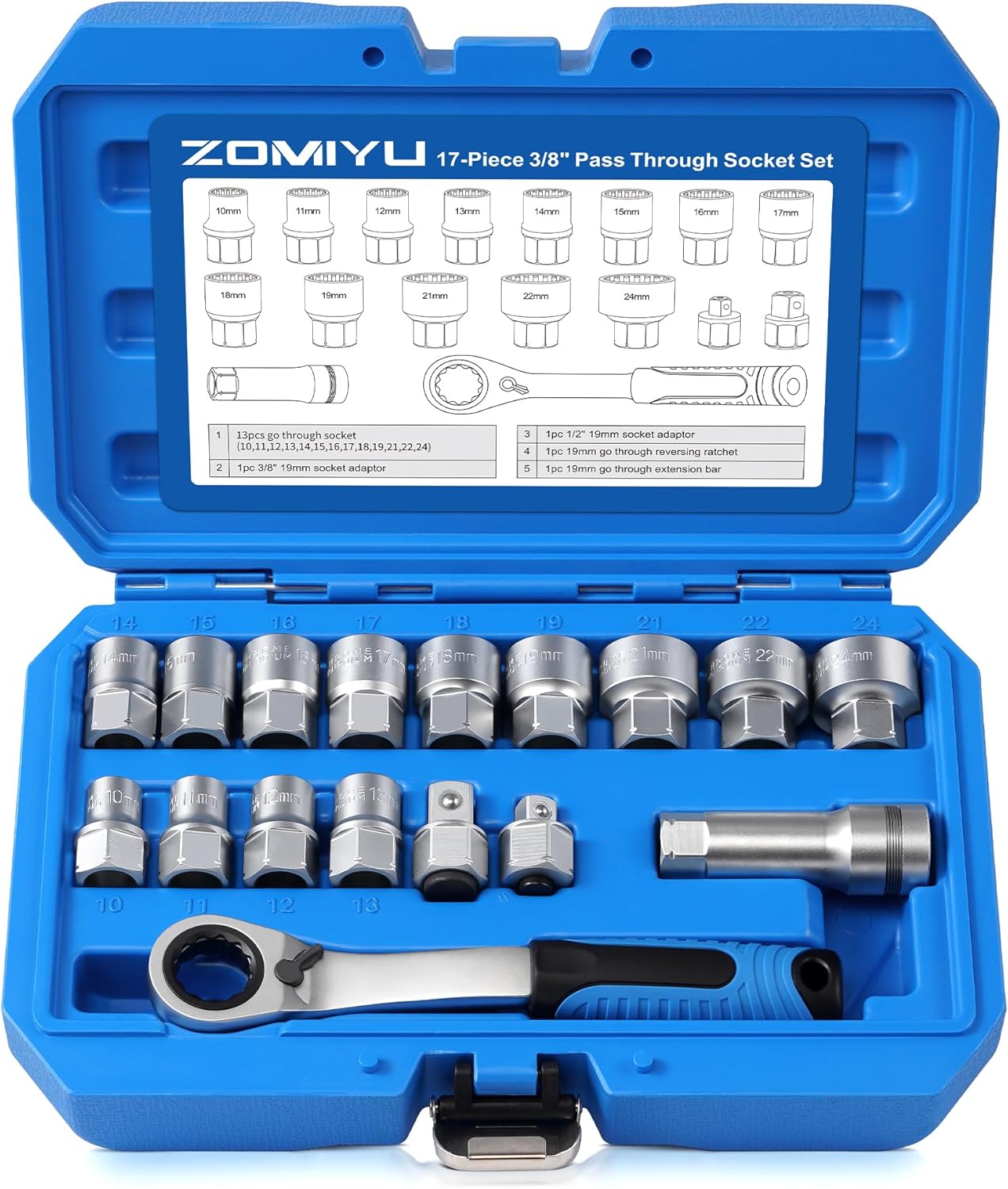 ZOMIYU 17-Piece Pass Through Socket Set, Chrome Vanadium Steel, Metric ...