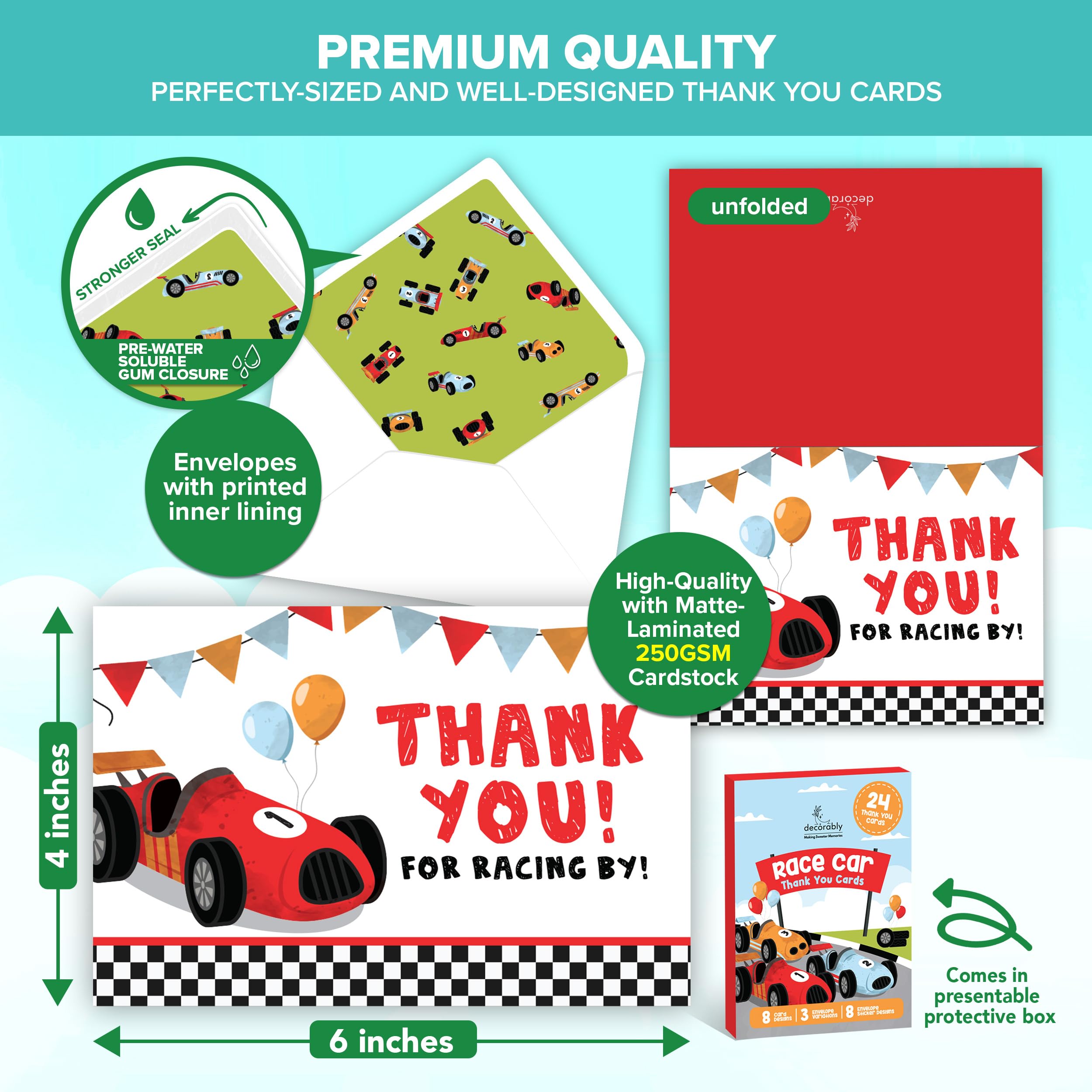 Snapklik.com : Decorably 24 Pack 6x4in Race Car Thank You Cards