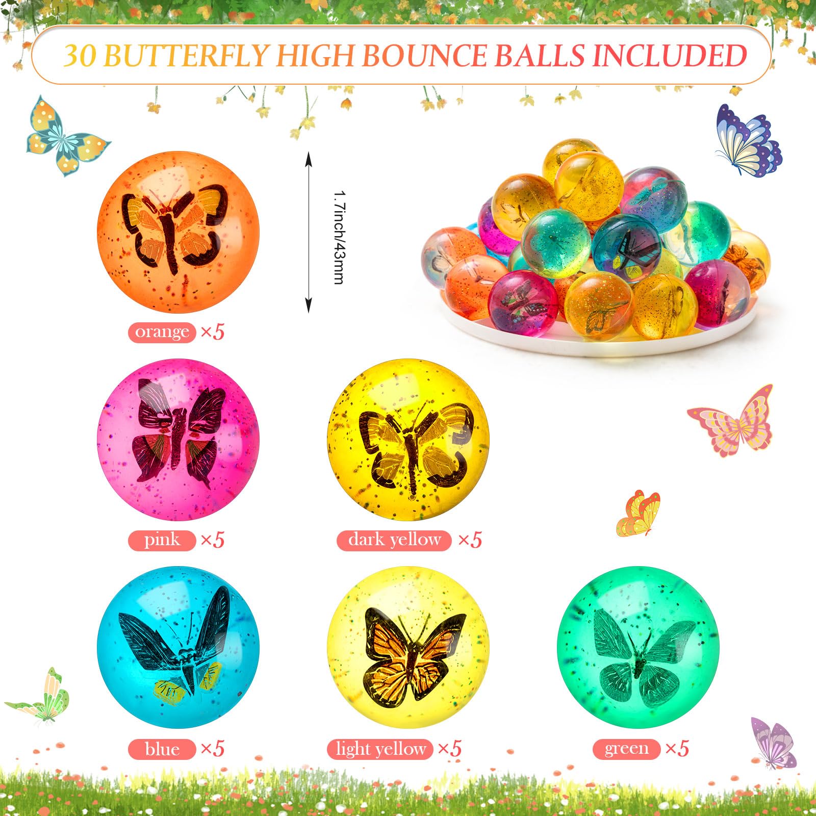 Poen 30 Pcs Butterfly Bouncy Balls High Bounce Balls with 3D Butterfly ...