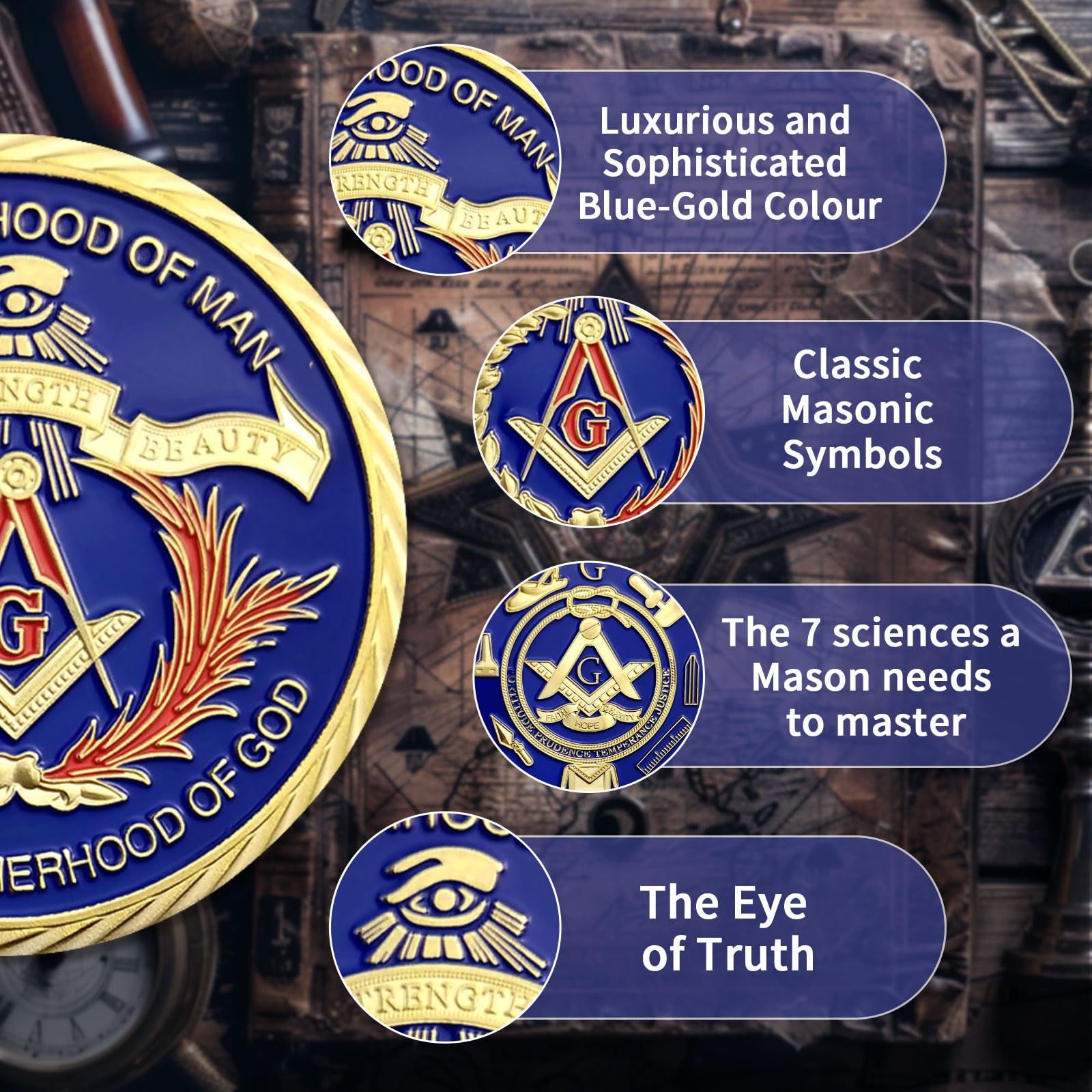 Masonic Challenge Coin Masonic Brotherhood Coin Gold & Blue Freemasonry ...