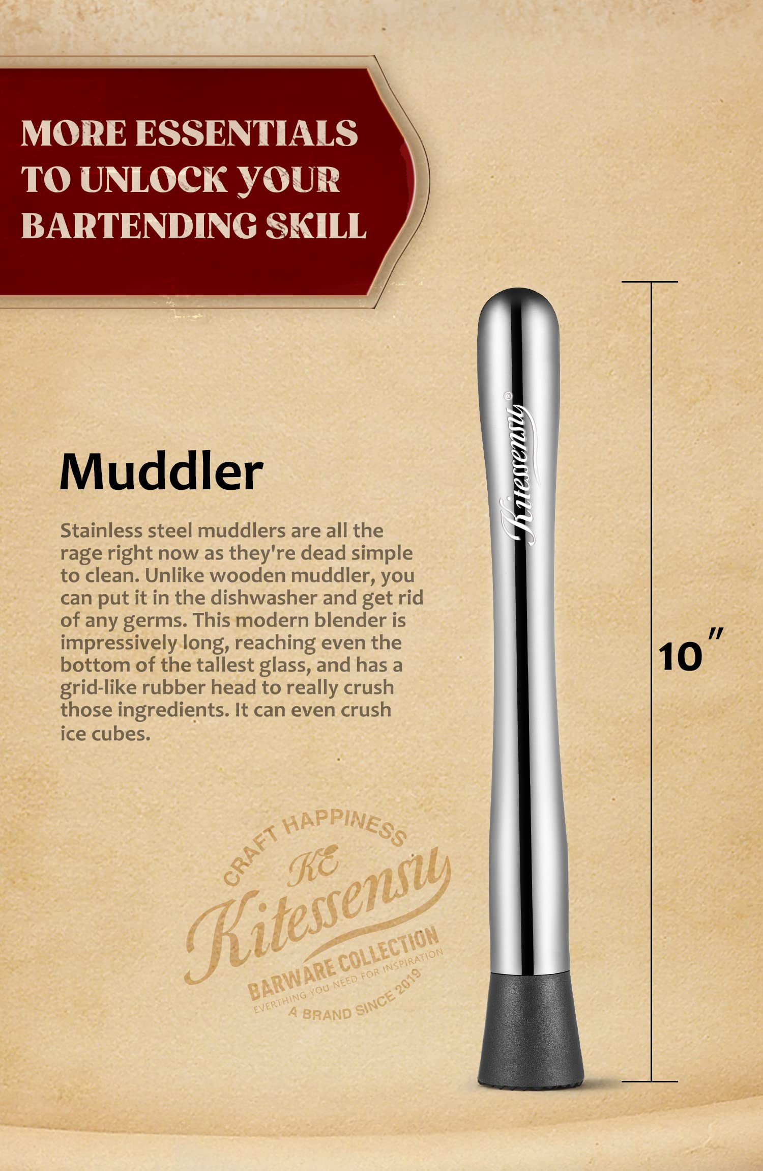 Snapklik.com : Muddler, 10 Inch Stainless Steel Cocktail Muddler For ...