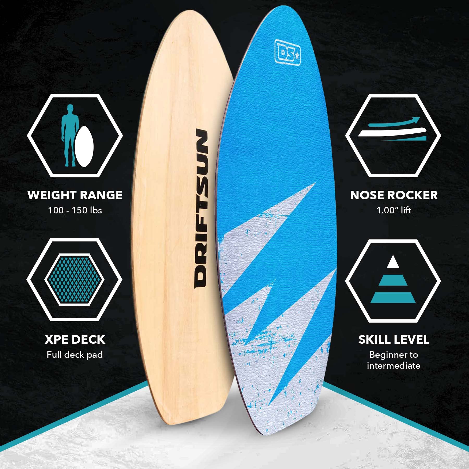 Driftsun Performance Wood Skim Board - 30 & 40 Inch Skimboard with Non ...
