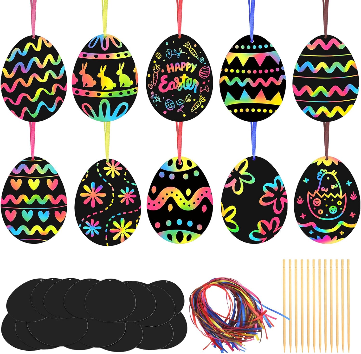 LANMOK 48pcs Egg Scratch Art Paper Rainbow Easter Scratch Papers Black Doodle Pad Magic Painting ...