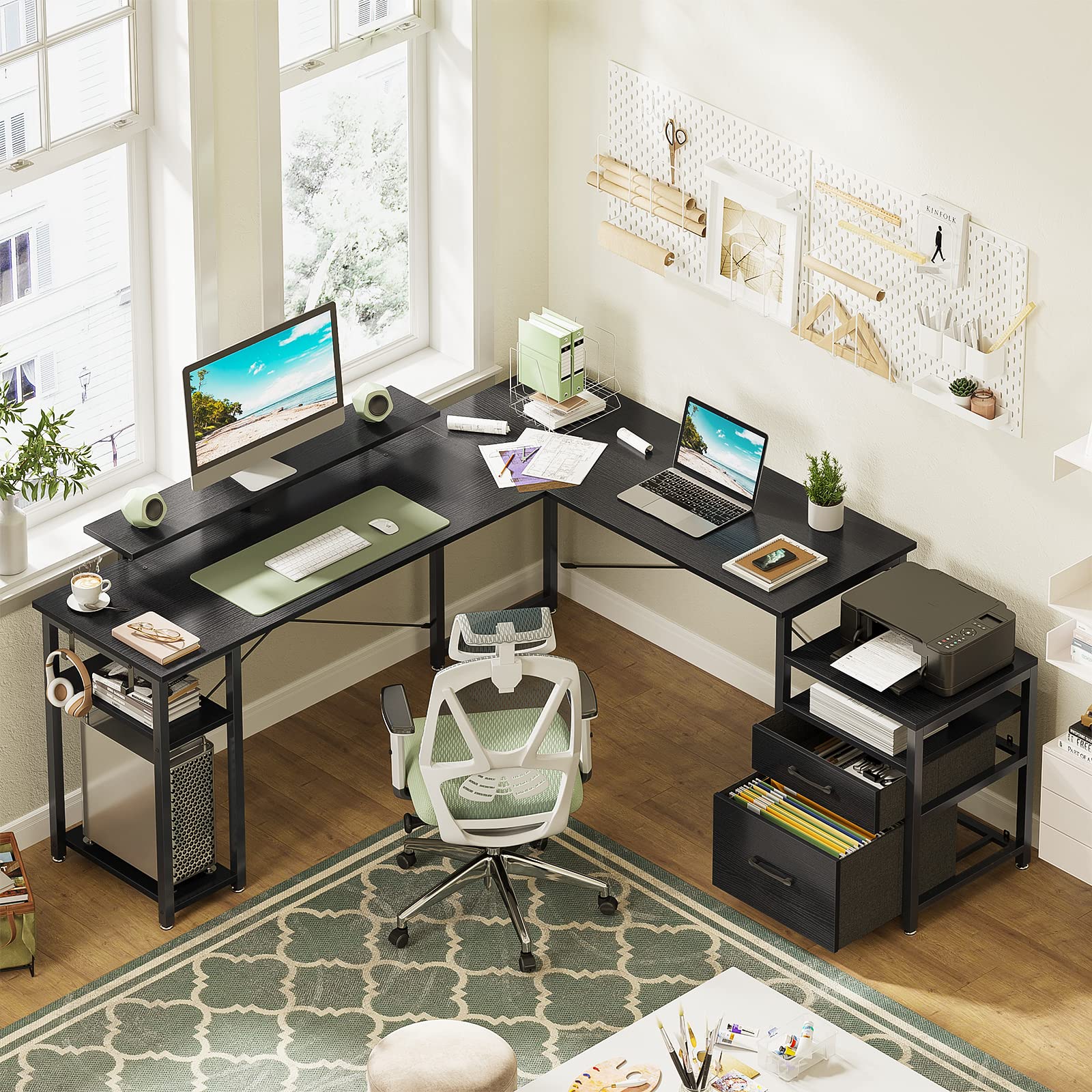 KKL L Shaped Desk with Drawers, 66" Reversible Computer Desk with File Drawer, Corner Desk with ...