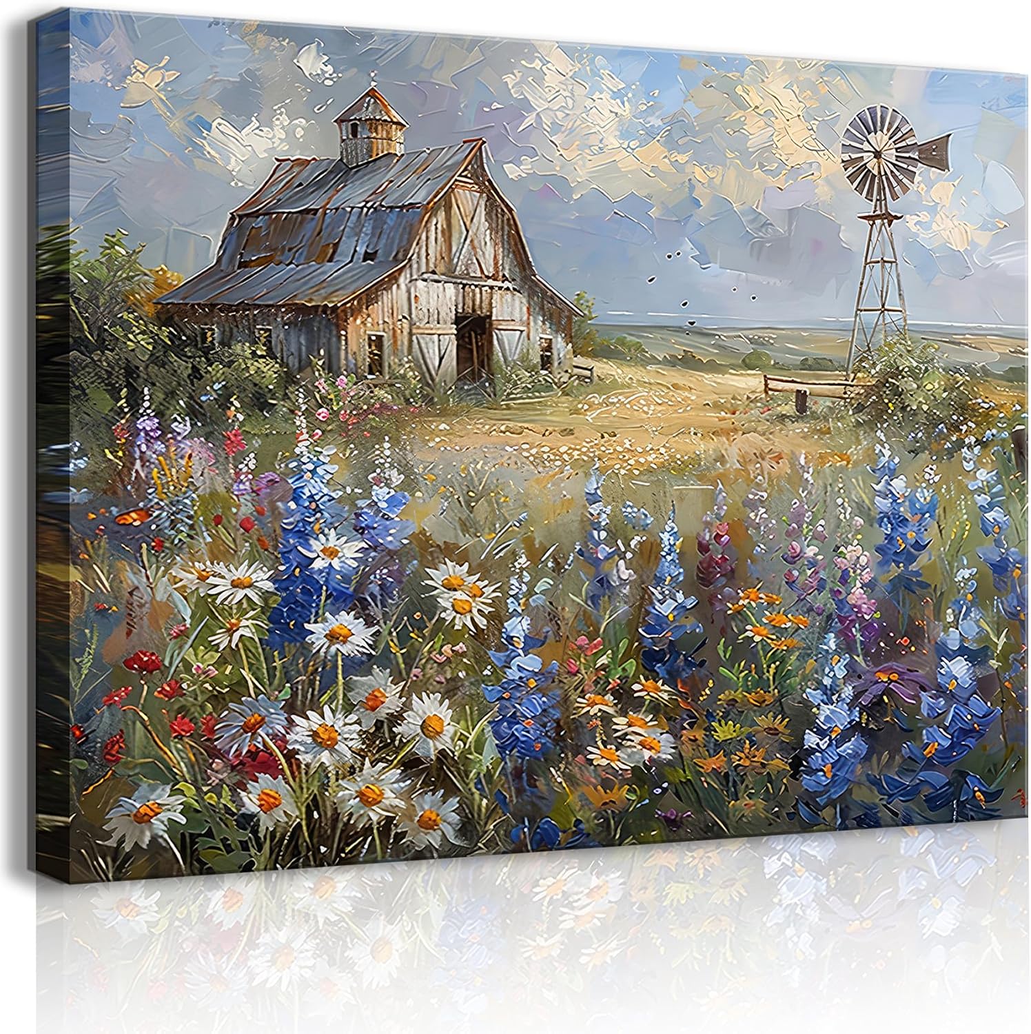Amazon.com: Barn Windmill Canvas Wall Art Blue Country Wildflowers ...