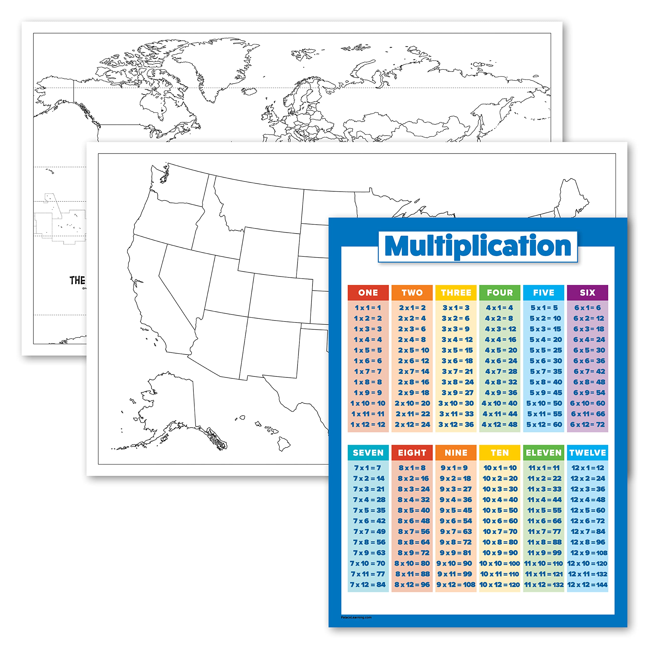 Buy 3 Pack - USA & World Blank Outline s + Multiplication Table Chart ...