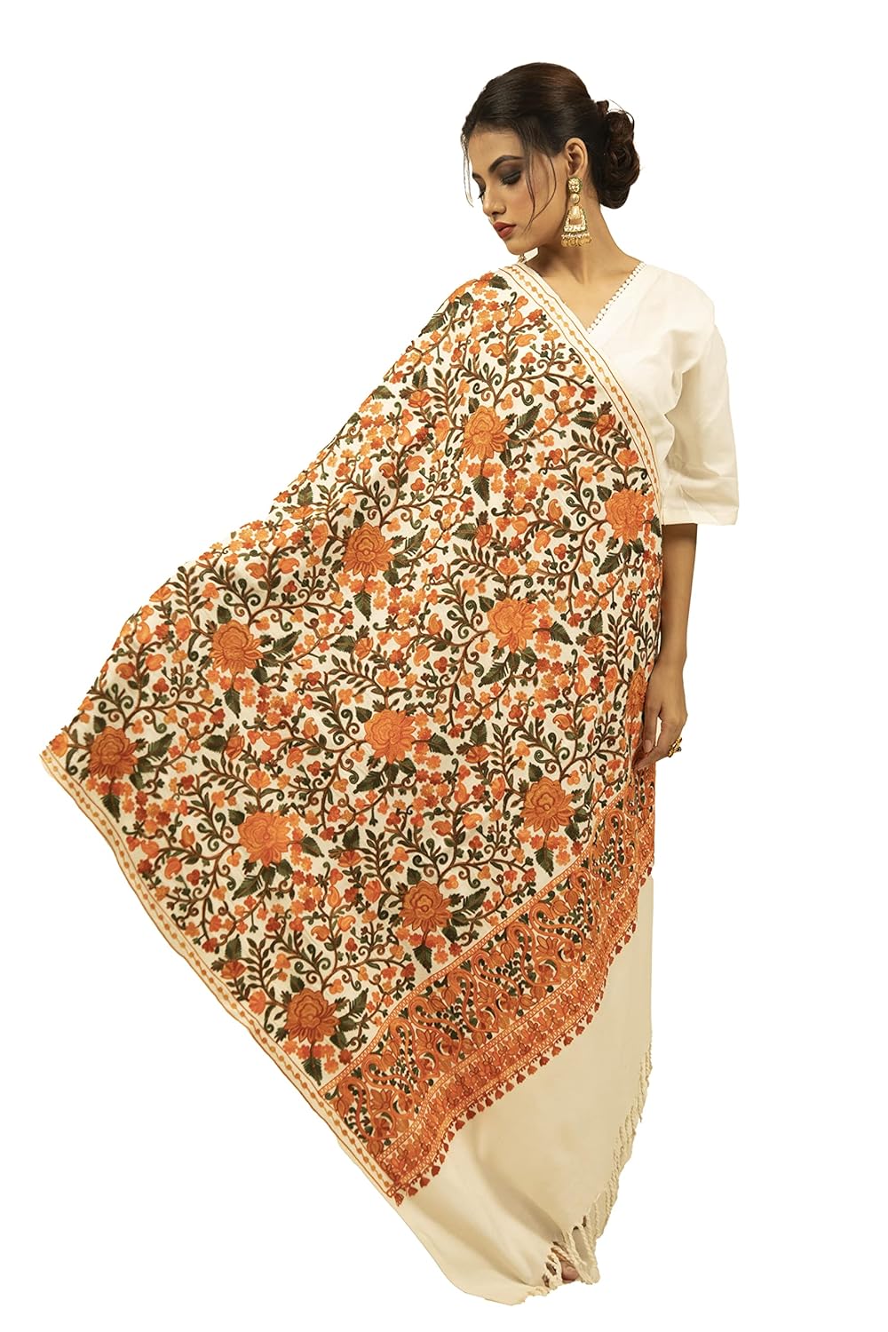 Buy Shal-é-Pashm Women's Cream Heavy, Thick,Warm Aari Embroidery Jaal ...