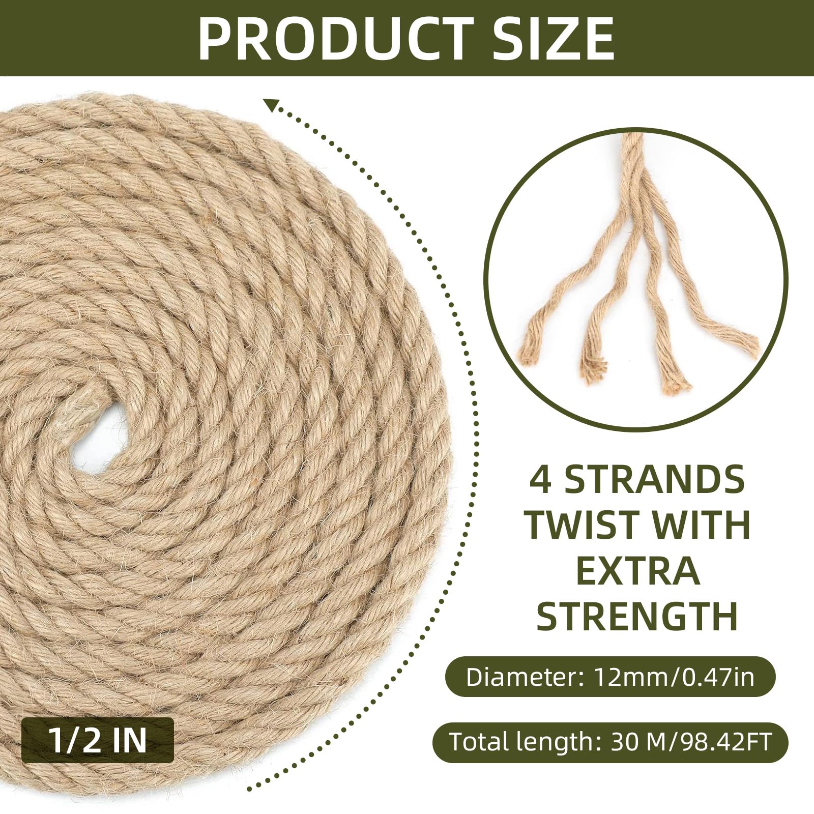 Snapklik.com : Ohiyoo Jute Rope 1/2 In X 100 Ft Hemp Rope, 12 Mm Thick ...