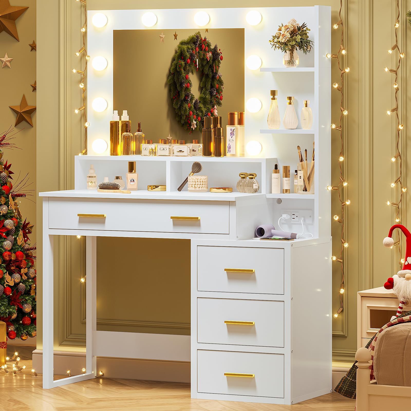 Amazon.com: BeeLinny Makeup Vanity Desk with Mirror and Lights,Power ...
