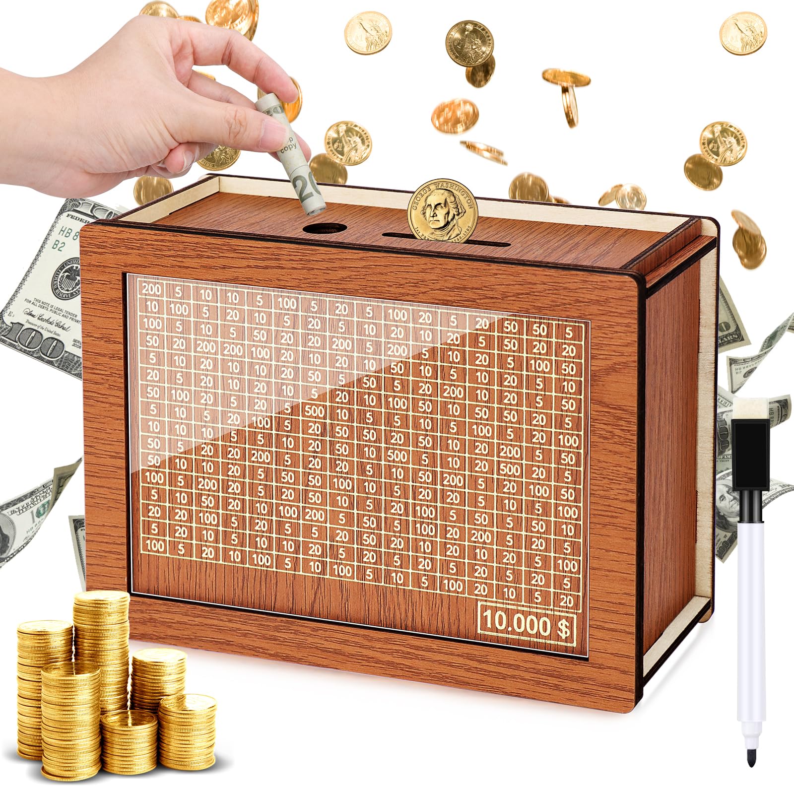 Amazon.com: Homgaty Wooden Money Box Money Bank, Countdown Money Saving ...