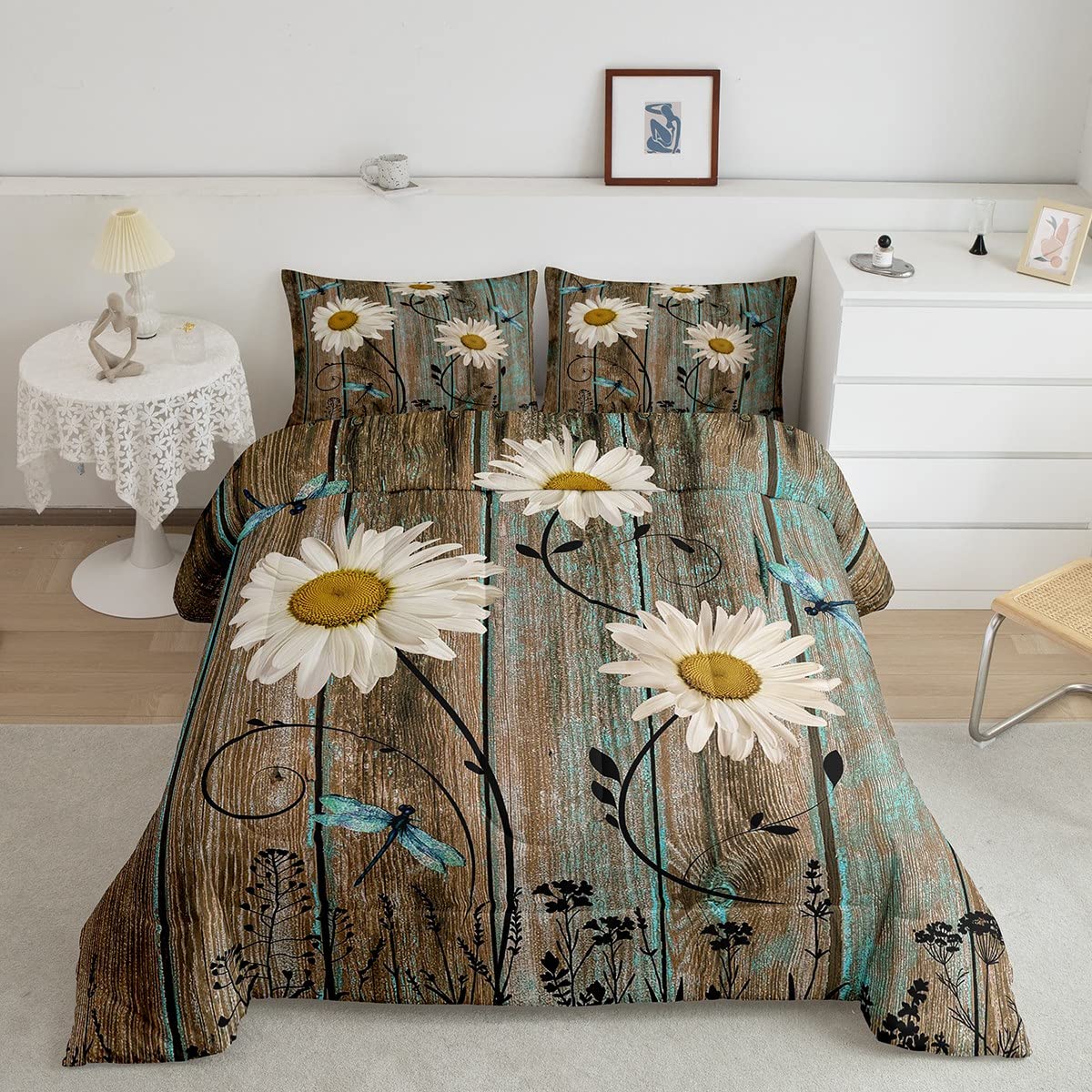 Amazon.com: Daisy Dragonfly Comforter Set Queen Size Rustic Wooden ...
