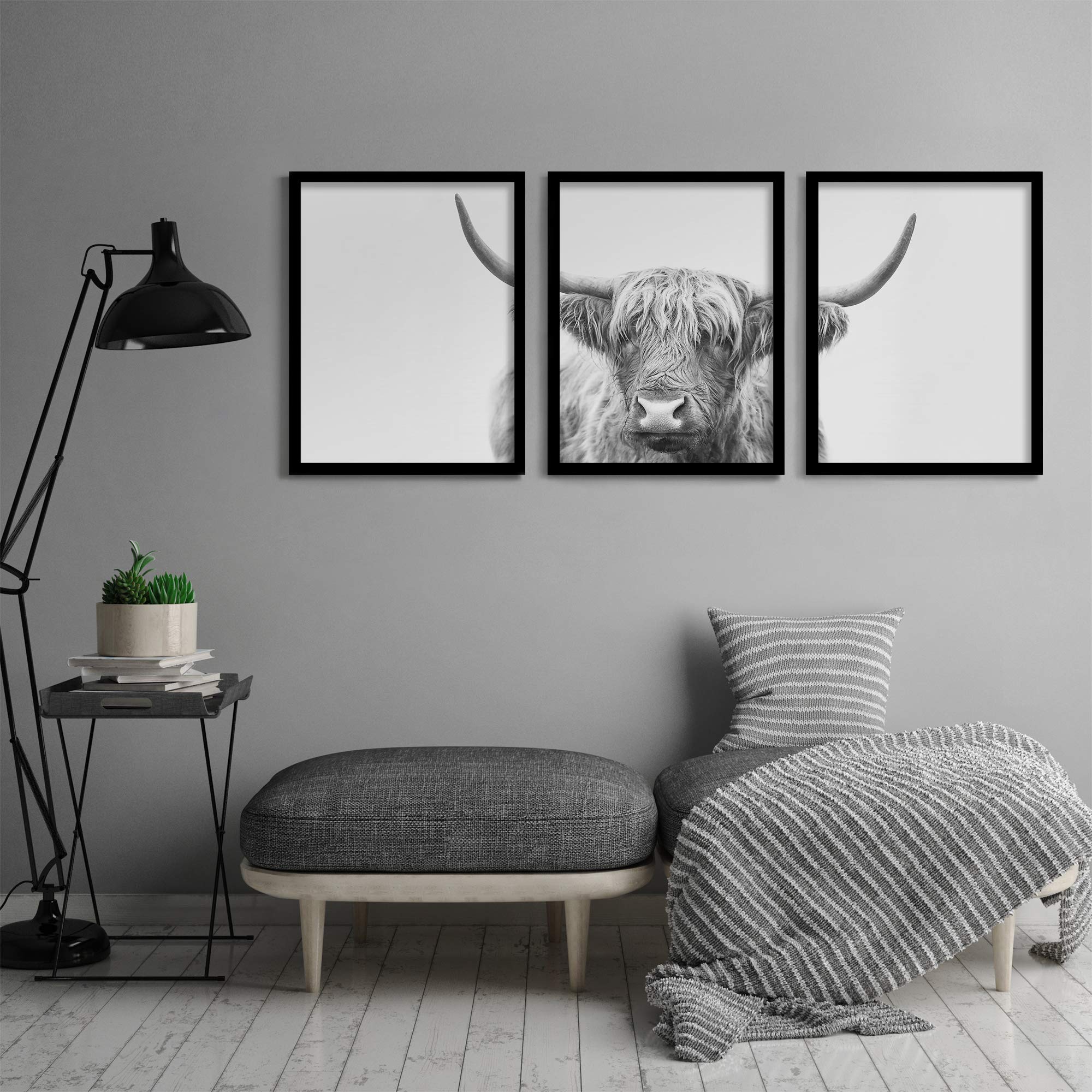 3 Piece Framed Triptych Highland Bull Horns by Sisi and Seb TRI-SET-102 ...