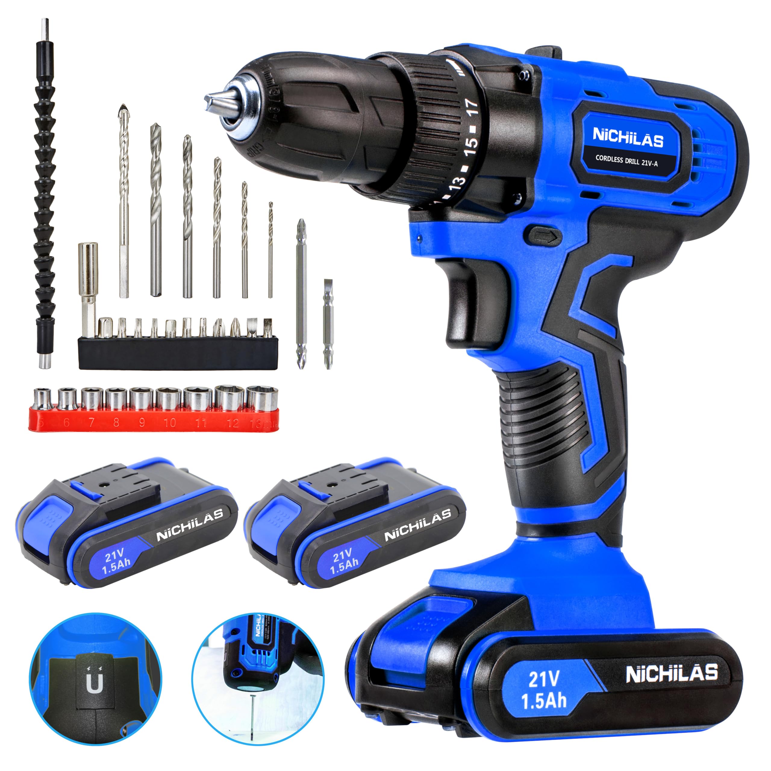 Snapklik.com : Cordless Drill, 21V Power Screwdriver 2 Variable Speed 3 ...
