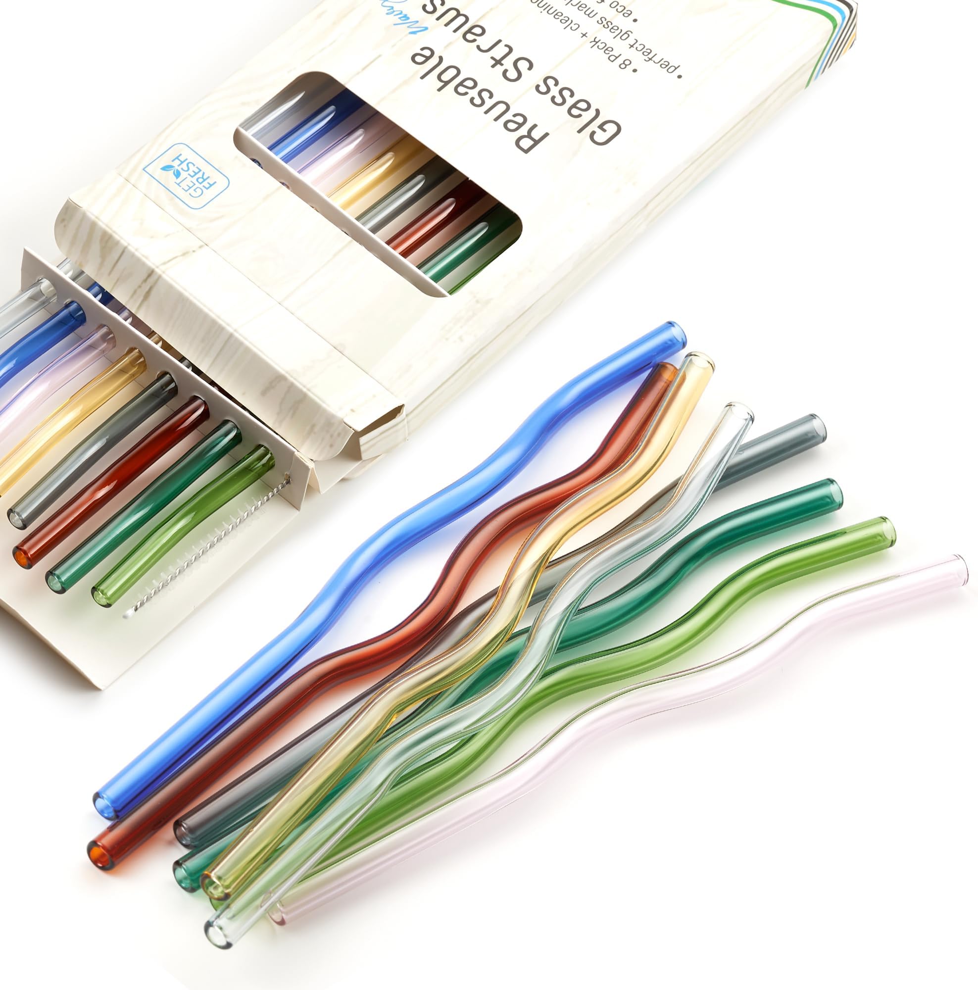 Amazon.com: GET FRESH Reusable Wavy Coloured Glass Drinking Straws 8 ...