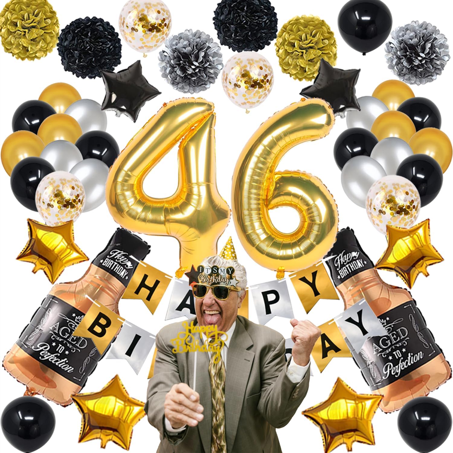 Amazon.com: NANINUNENO 46th Gold Birthday Decorations, Gold Black ...