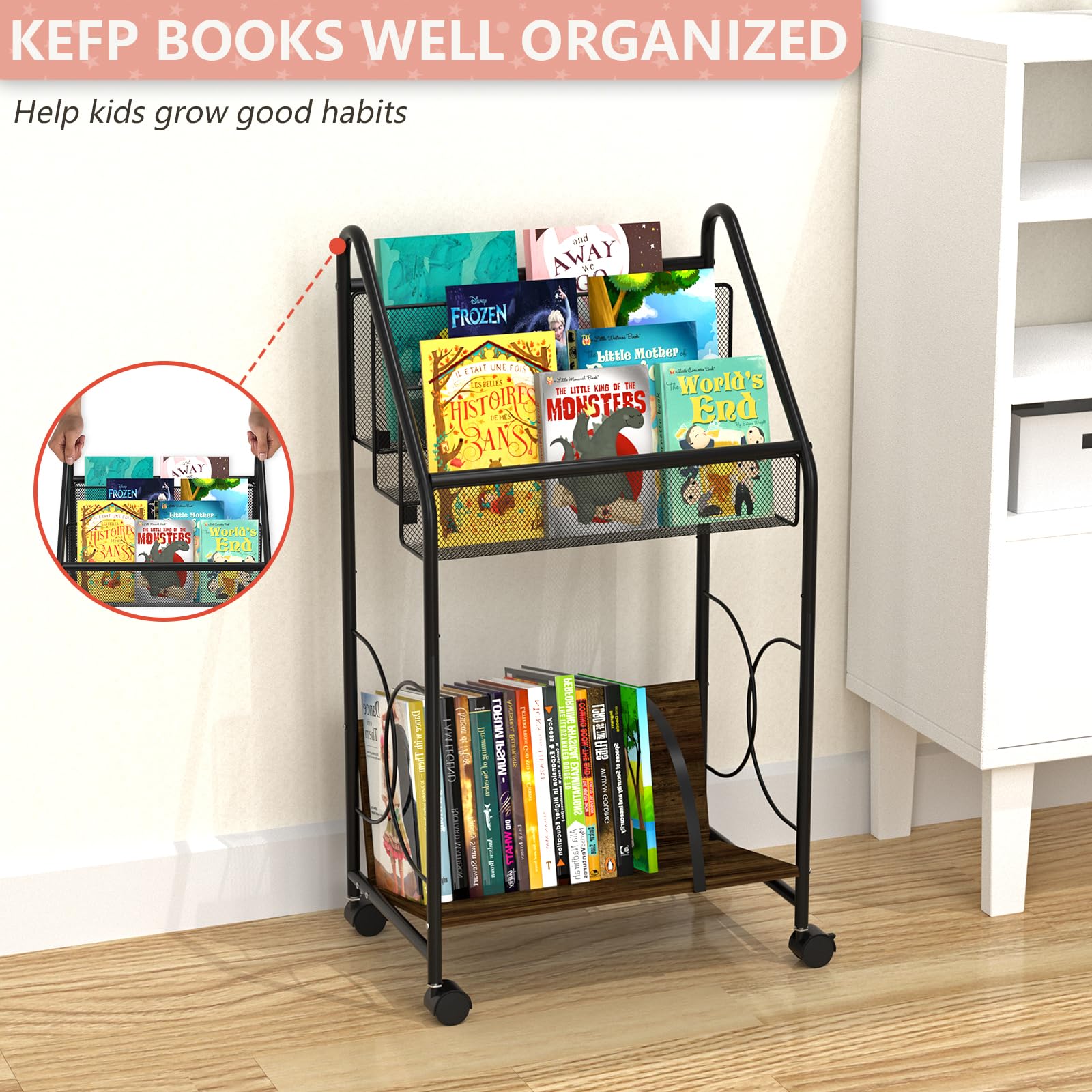 Snapklik.com : Bookshelf, 4-Tier Metal & Wood Rolling Book Cart On ...