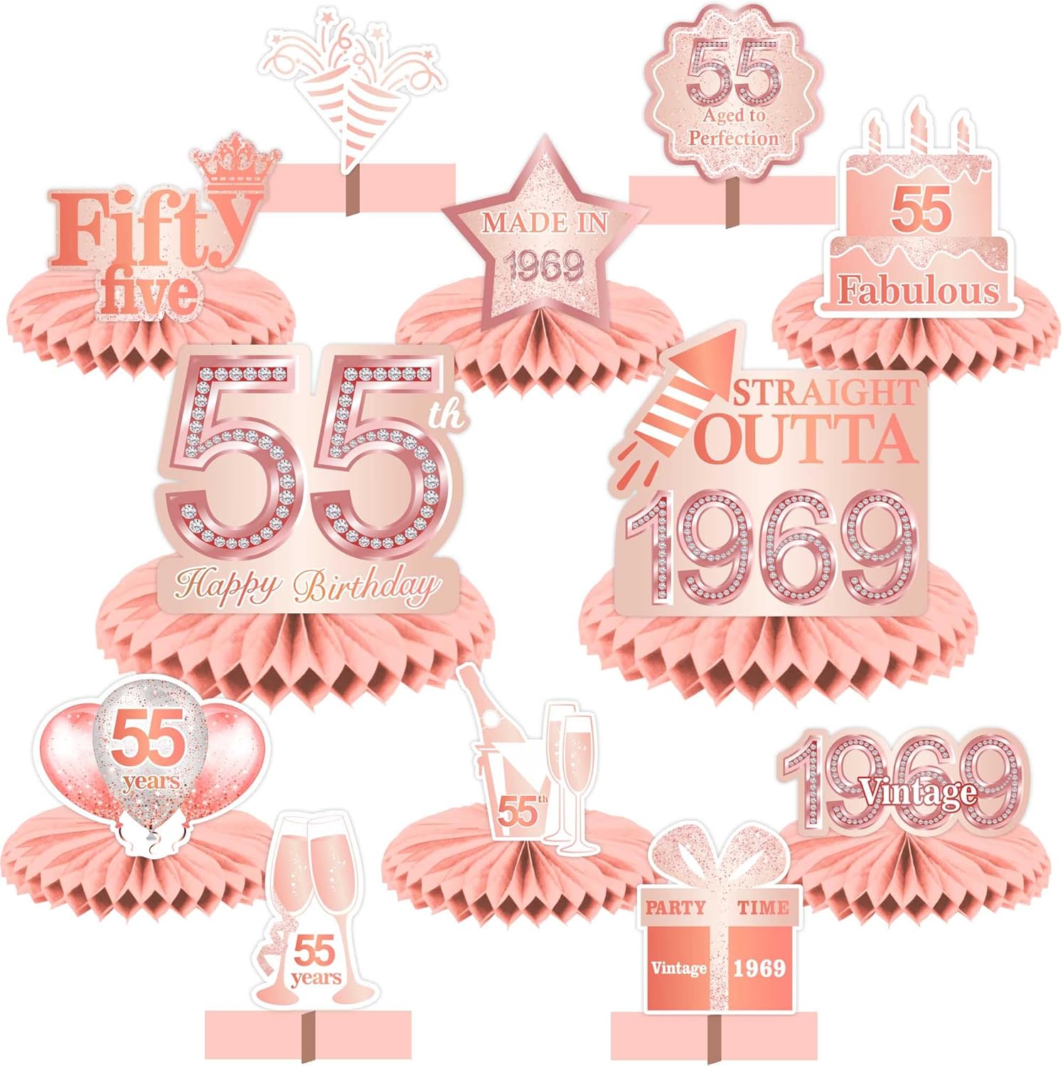 Amazon.com: Happy 55th Birthday Rose Gold Table Honeycomb Centerpieces ...