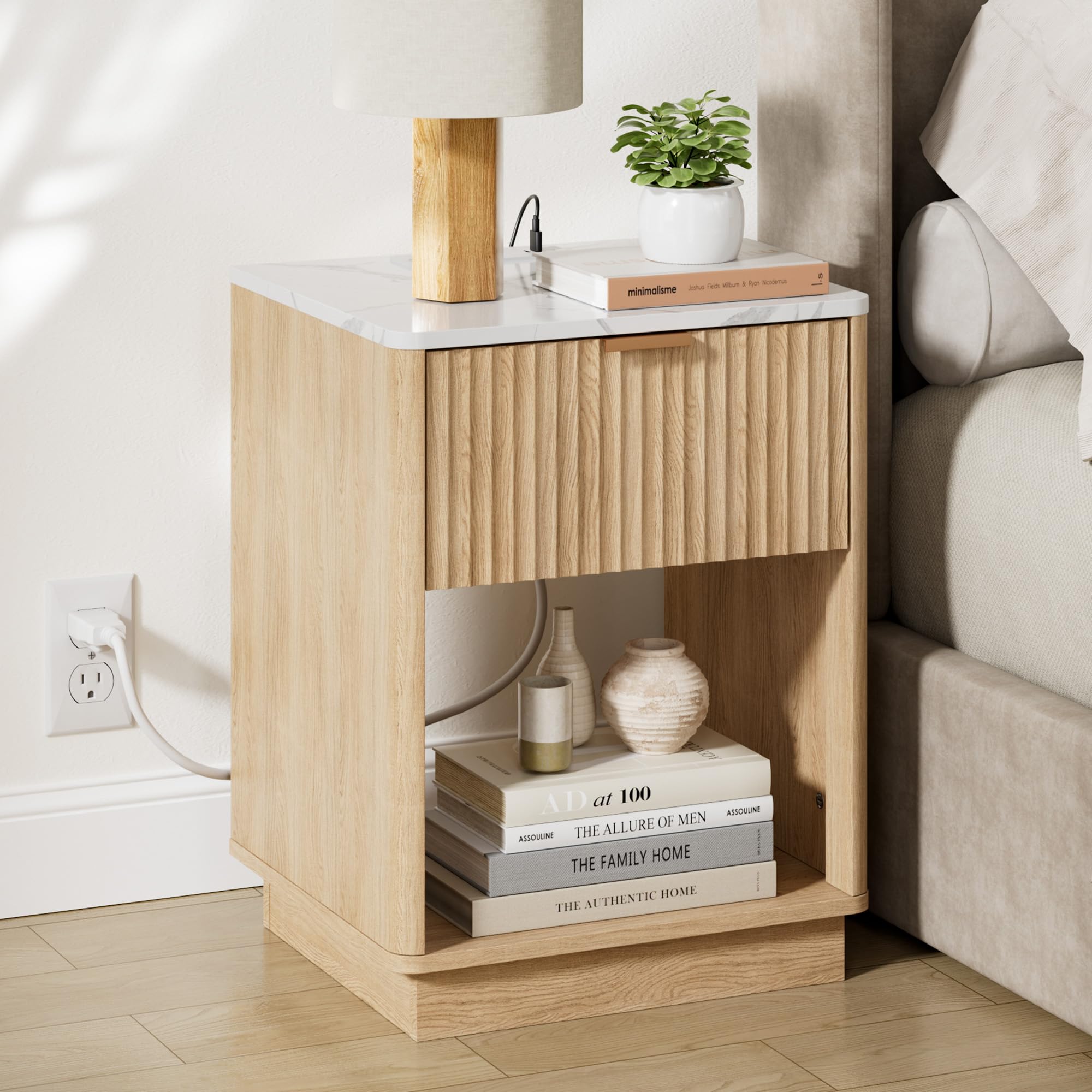 Amazon.com: FavourLife Fluted Nightstand with Charging Station, 18 ...