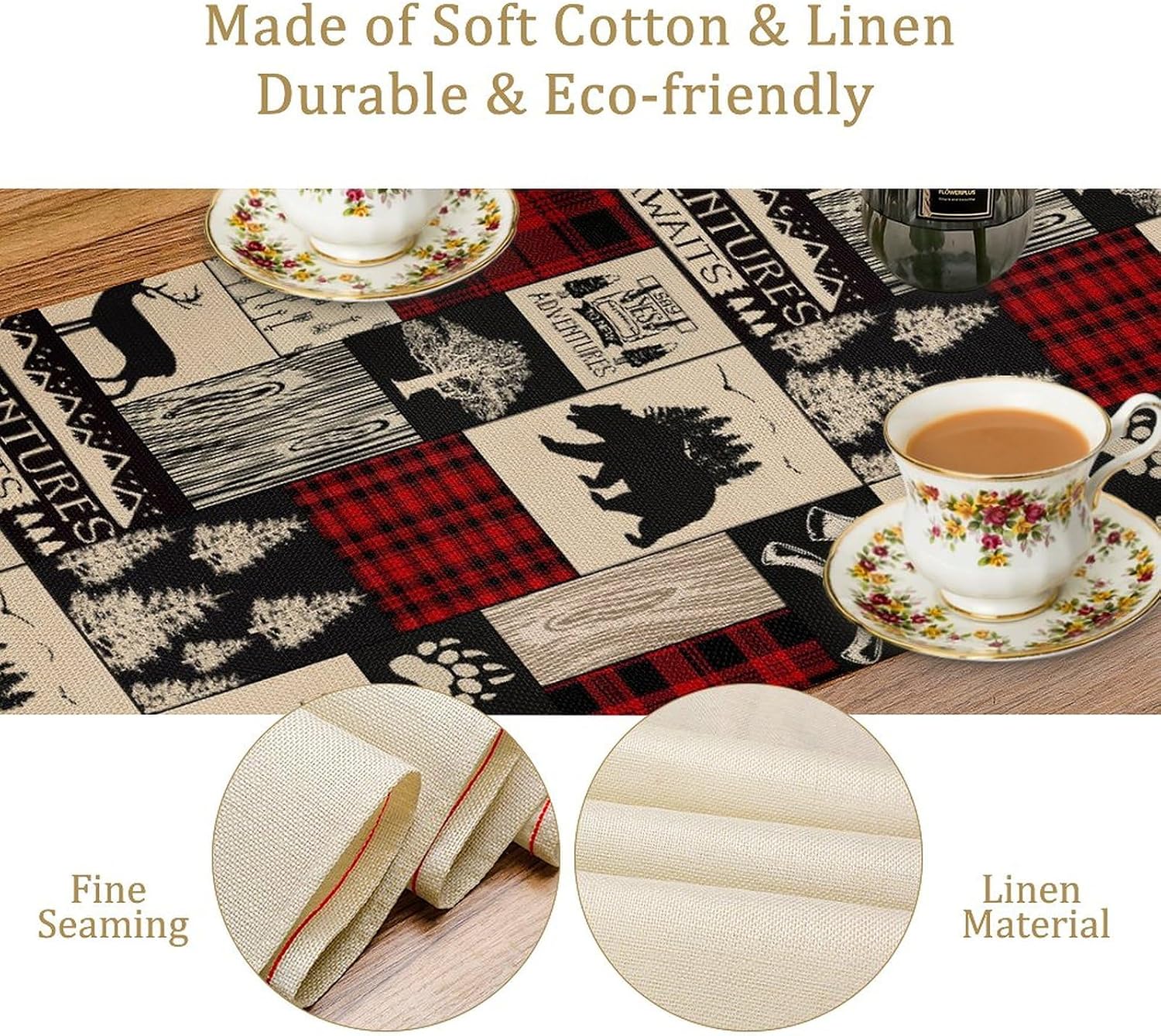 Farmhouse Bear Moose Wild Animals Table Runner,Country Patchwork Red ...