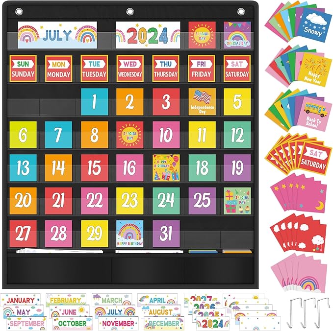 Amazon.com: Rainbow Classroom Calendar Pocket Chart for Kids Learning ...