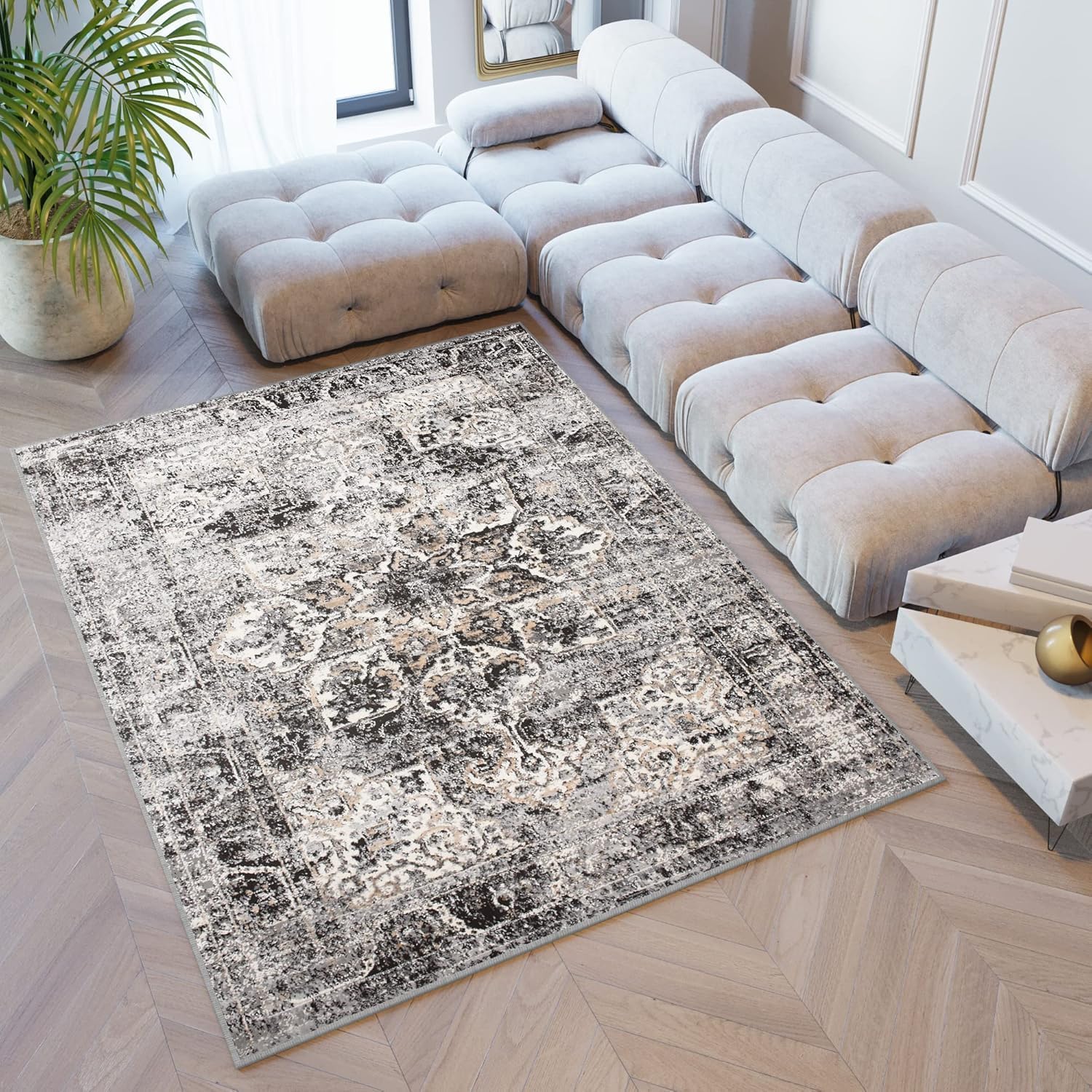 Amazon.de: TAPISO Valley Teppich Kurzflor Vintage Grau Schwarz Blumen ...
