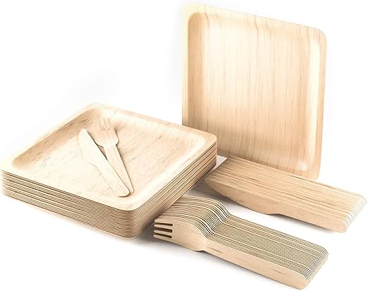 Bamboo Plates with Bamboo Cutlery Set : 25 Pack - Eco-Friendly ...