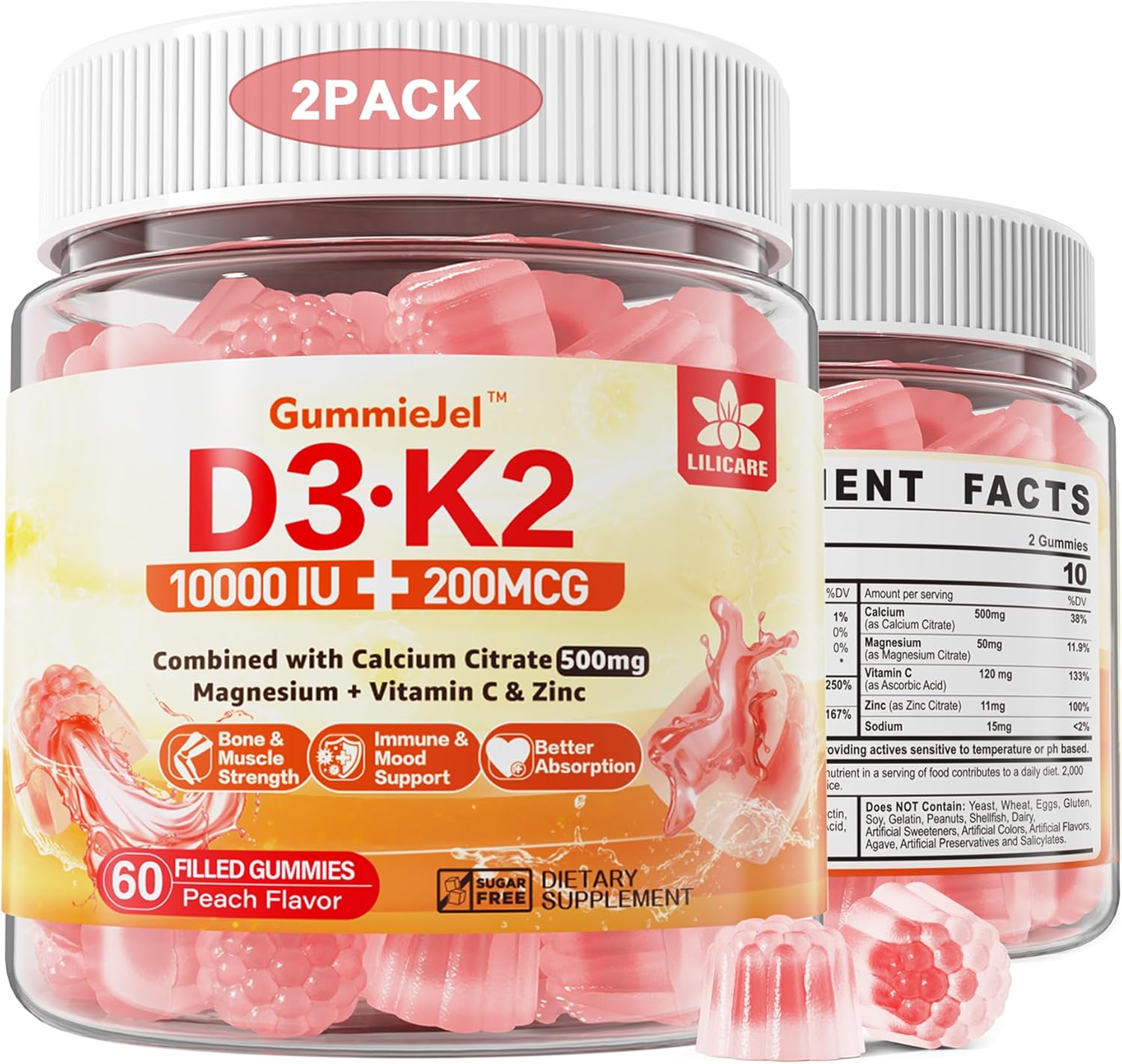 Amazon.com: 2Pack Sugar-Free Vitamin D3 K2 Filled Gummies 5000IU / 10,000 IU with 500mg Calcium ...