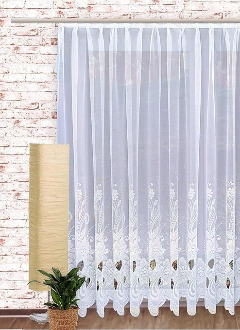 Amazon.de: Jacquard-Langstore Flora weiß Gardinenstore mit Blumen ...