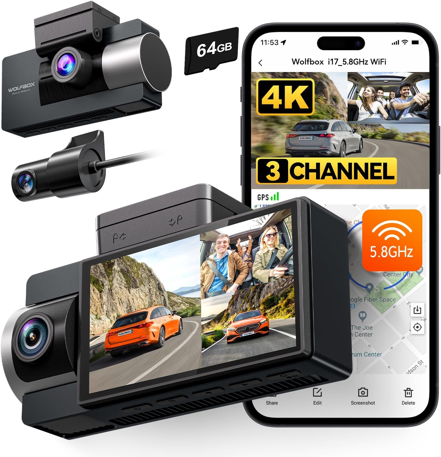 Amazon.com: WOLFBOX i17 4K 3 Channel Dash Cam, 5.8GHz WiFi & GPS with ...