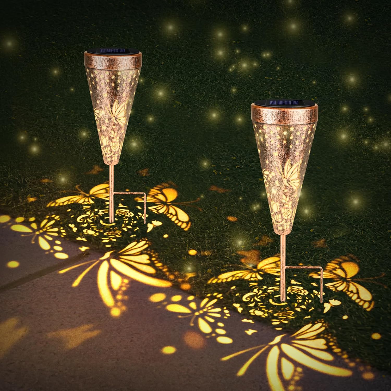Solar Pathway Lights Outdoor Garden - 2 Packs Metal Butterfly Solar ...