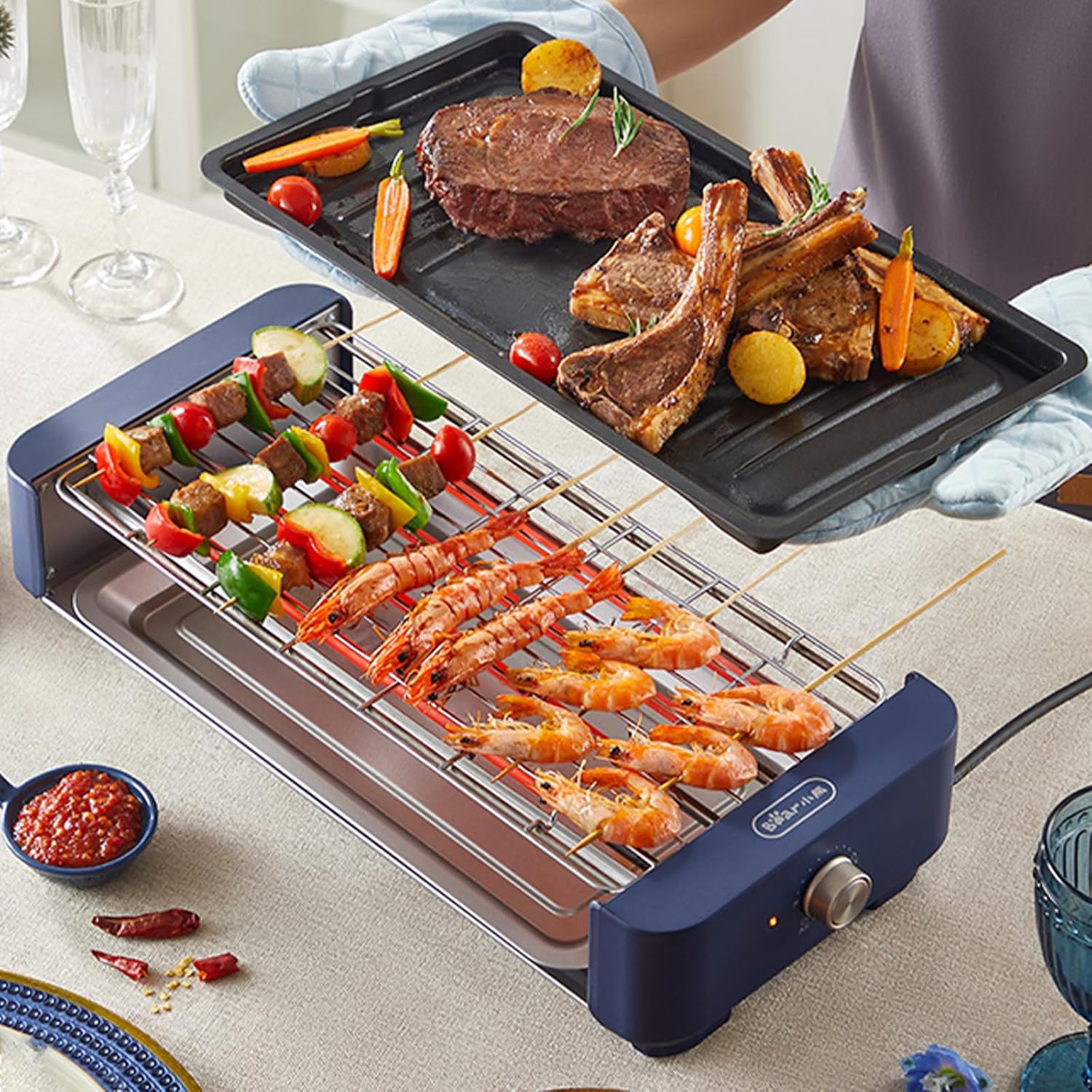 Electric BBQ Grill, 2-in-1 Smokeless Electric Grills with Removable ...