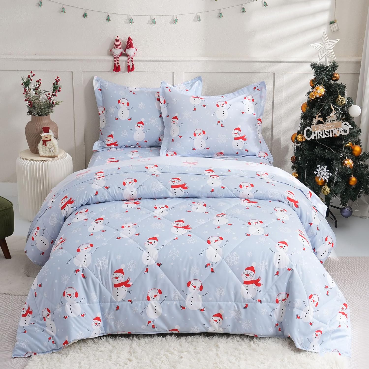 Amazon.com: JSD Blue Snowman Kids Comforter Set Queen Size, 3 PC ...