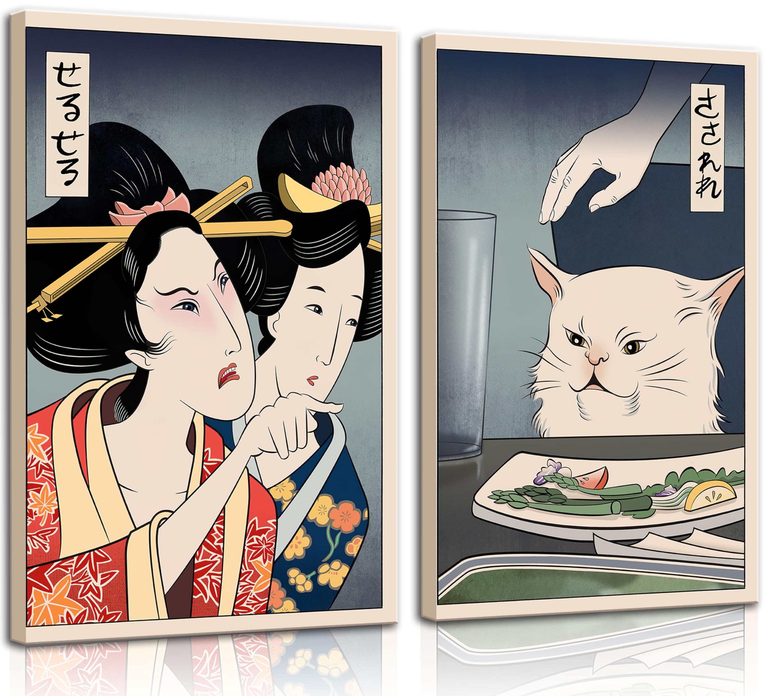 Amazon.com: 2Pcs Framed Cute Funny Japanese Cat Wall Art Woman Yelling ...