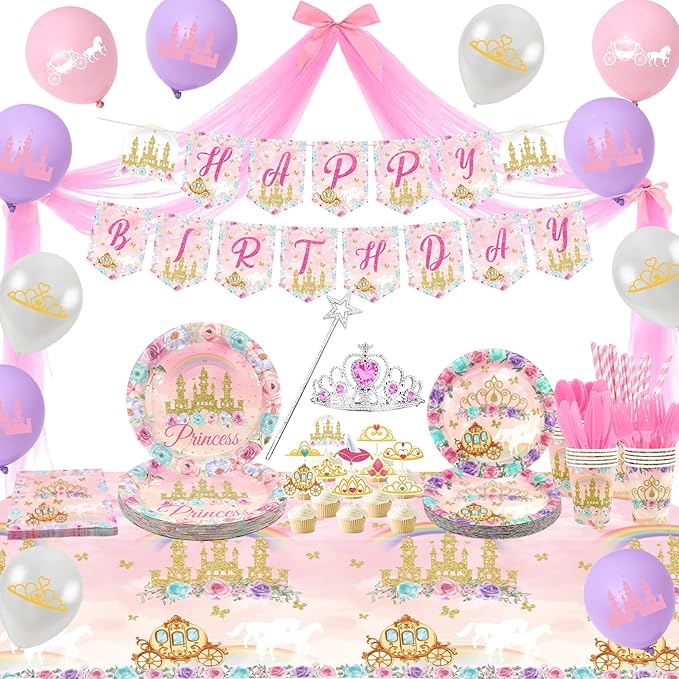 Amazon.com: Princess Birthday Party Supplies, Includes Banner, Plates ...
