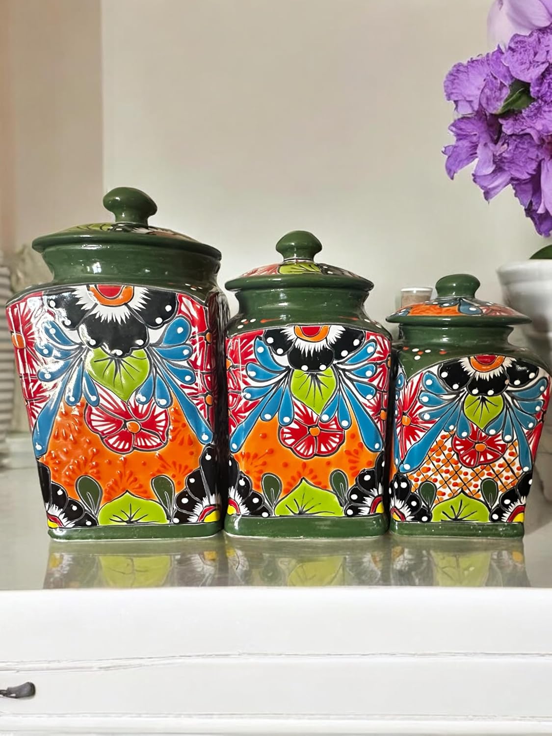 Amazon.com: XL Colorful Talavera Kitchen Canister Set - Handmade Floral ...